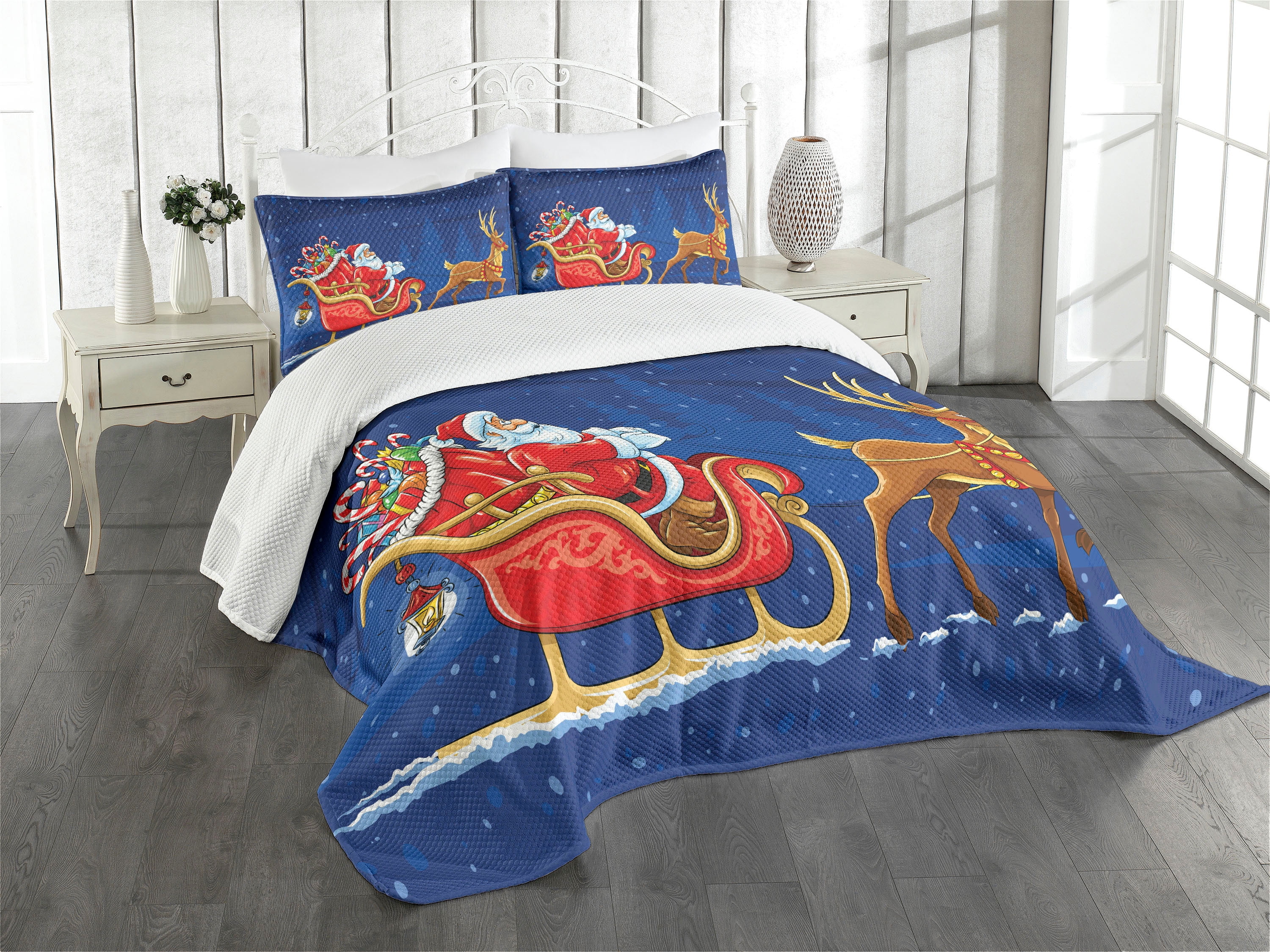 Ambesonne Santa Quilted Bedspread Set 3 Pcs, Moving on Sledge at Night ...