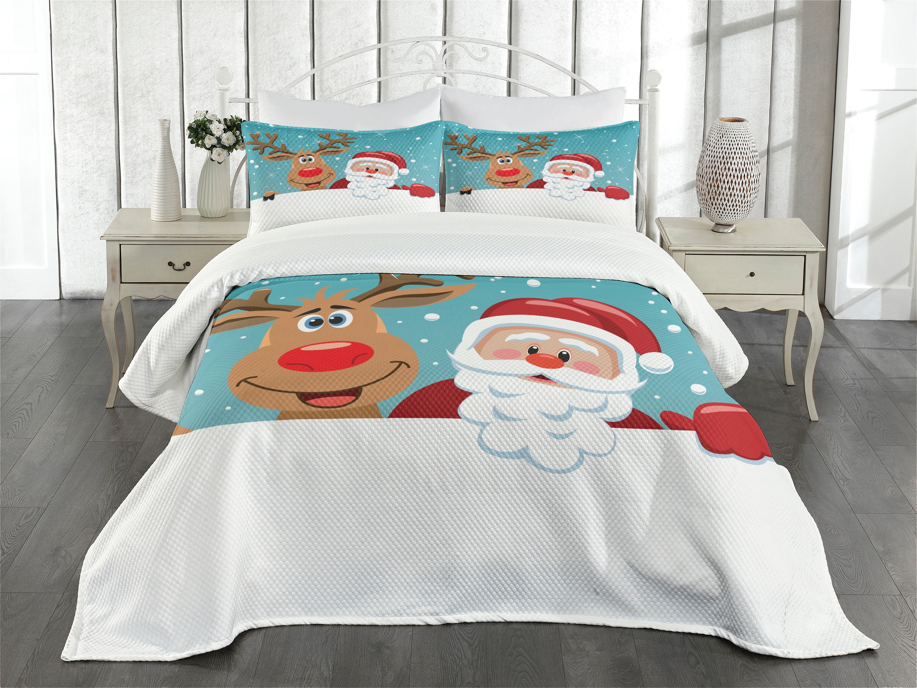 Ambesonne Santa Quilted Bedspread Set 3 Pcs, Rudolph Deer Greeting ...