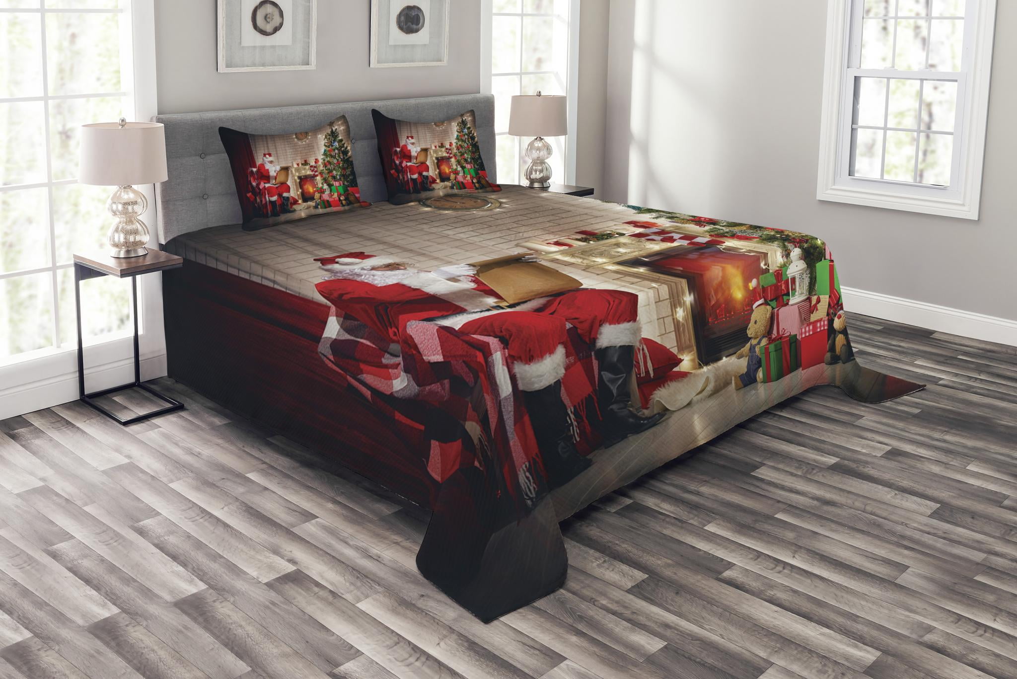 Ambesonne Santa Quilted Bedspread Set 3 Pcs, Santa Reading Letter Home ...