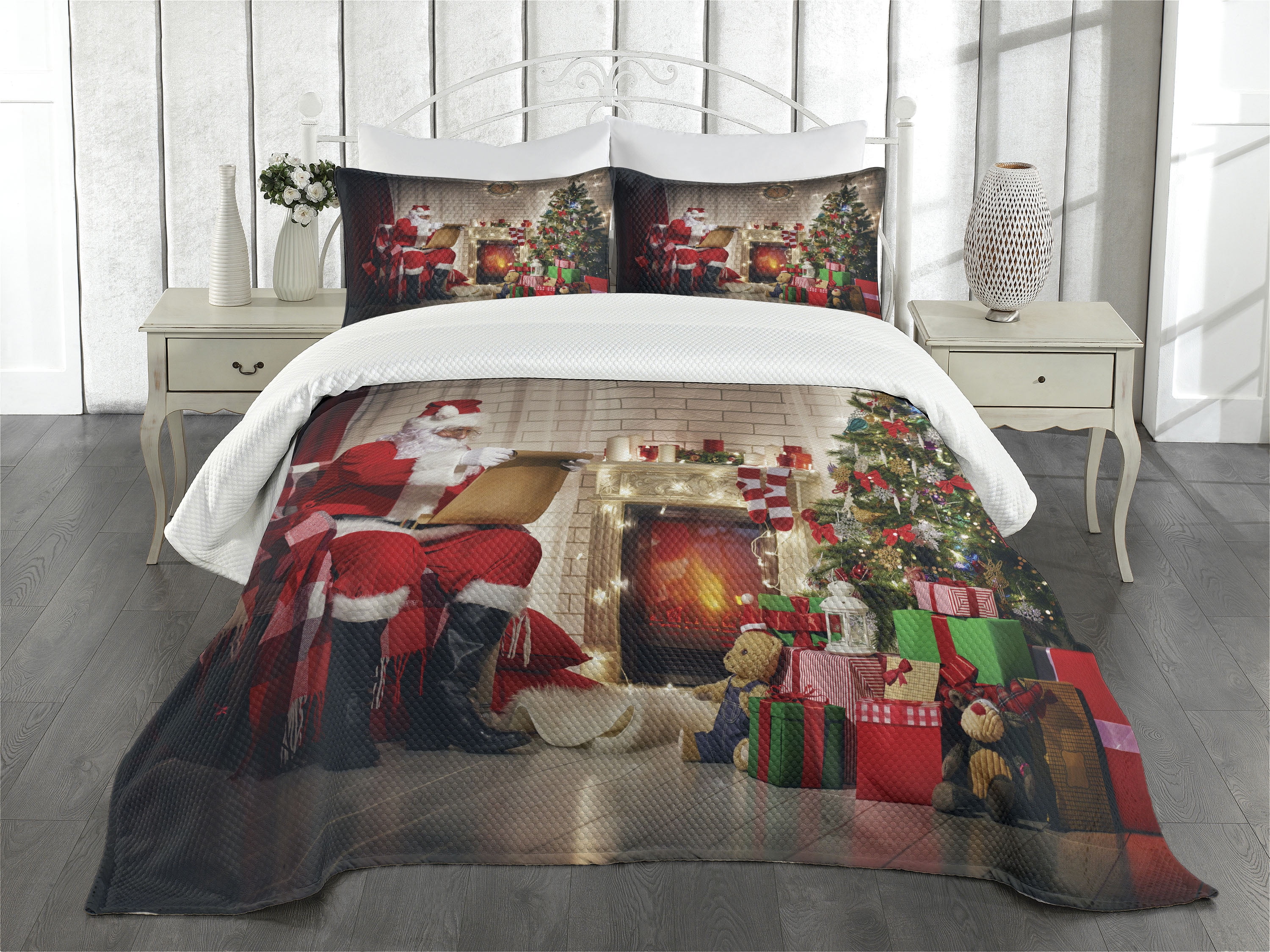 Ambesonne Santa Quilted Bedspread Set 3 Pcs, Santa Reading Letter Home ...