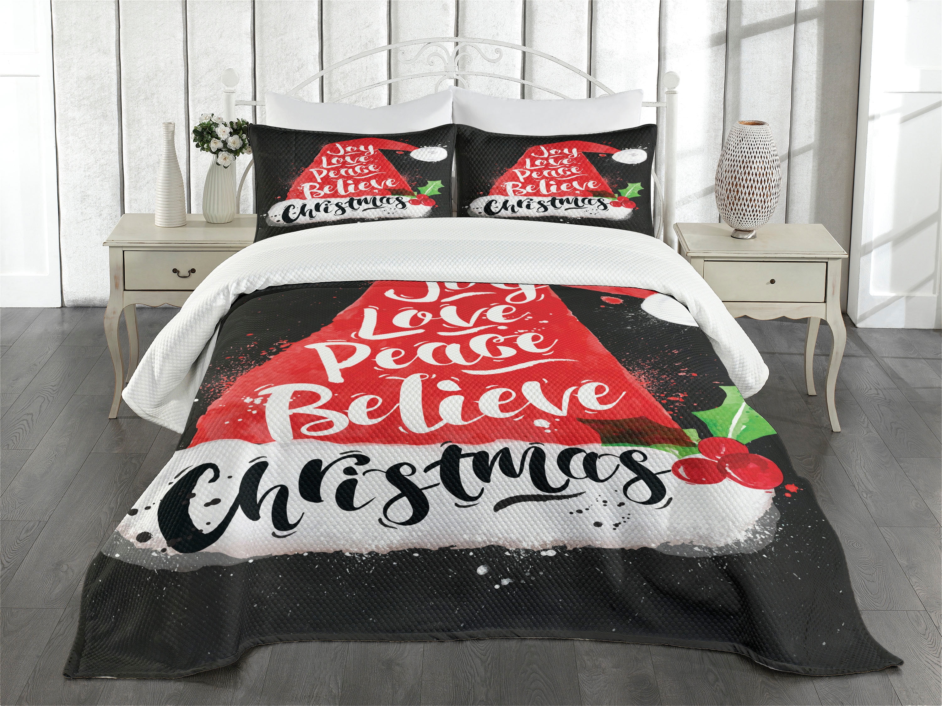 Ambesonne Santa Quilted Bedspread Set 3 Pcs, Xmas Hat with Lettering ...