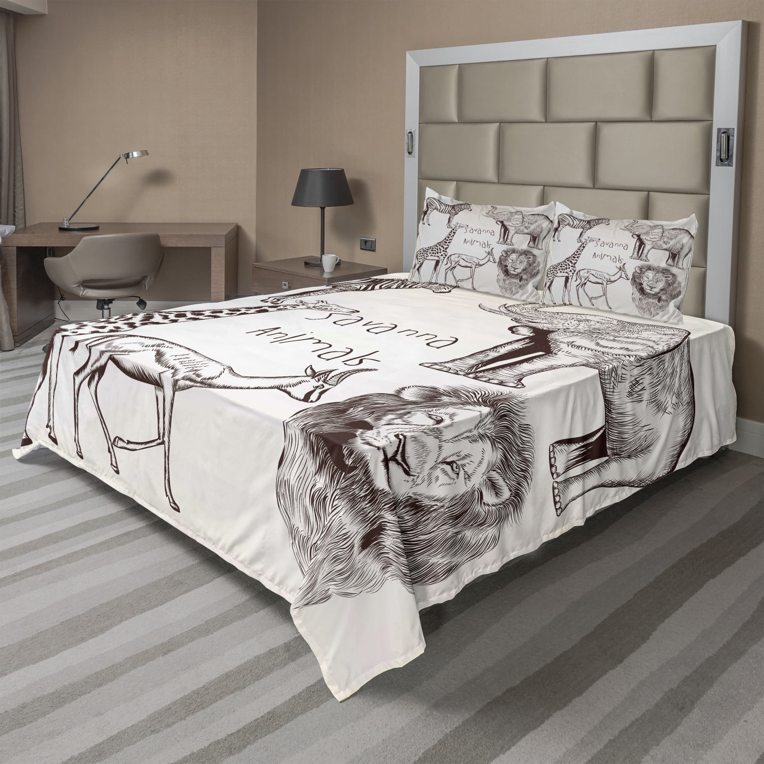 Ambesonne Savannah Fitted & Top Sheet Set with Shams, Wild Lion Zebra ...