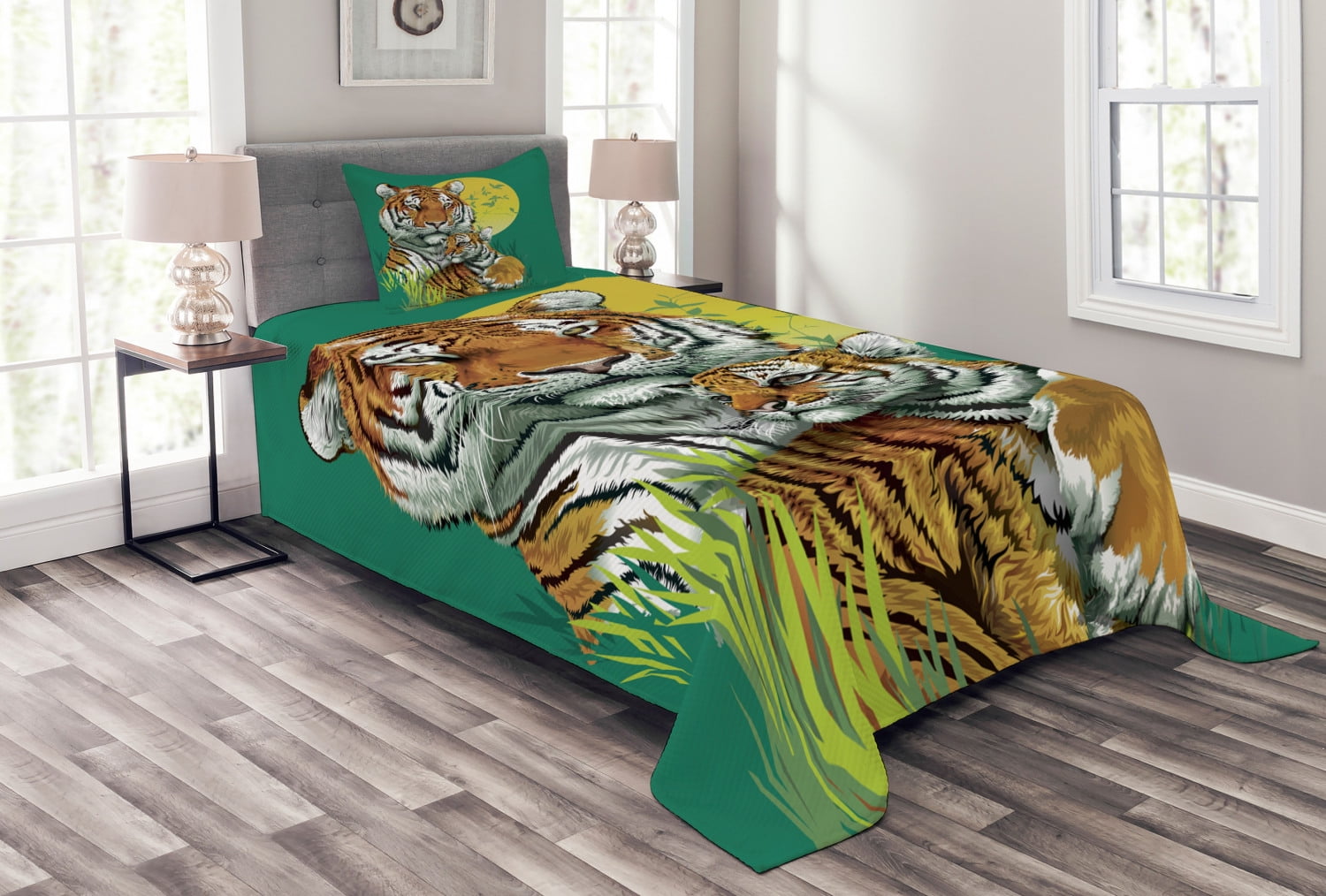 Ambesonne Savannah Quilted Bedspread Set 2 Pcs, Tiger Family in Jungle ...