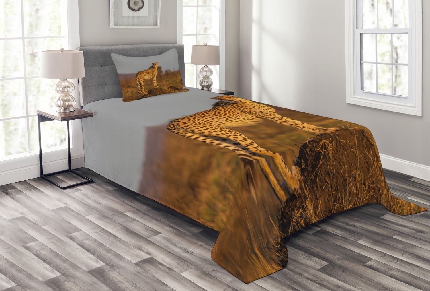 Ambesonne Savannah Quilted Bedspread Set 2 Pcs, Wild Cheetah Blurry ...