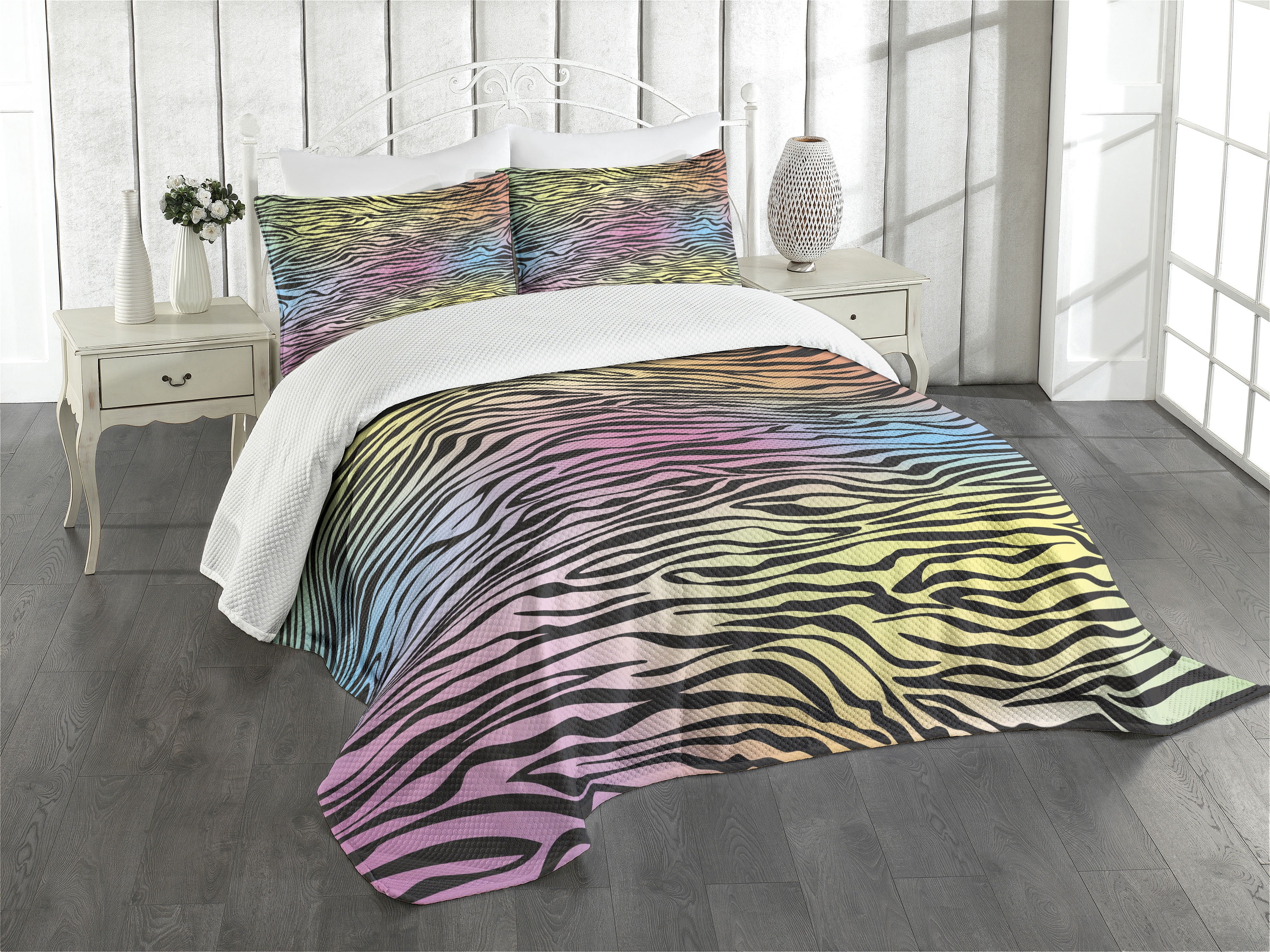 Ambesonne Savannah Quilted Bedspread Set 3 Pcs, Colorful Wildlife Zebra ...