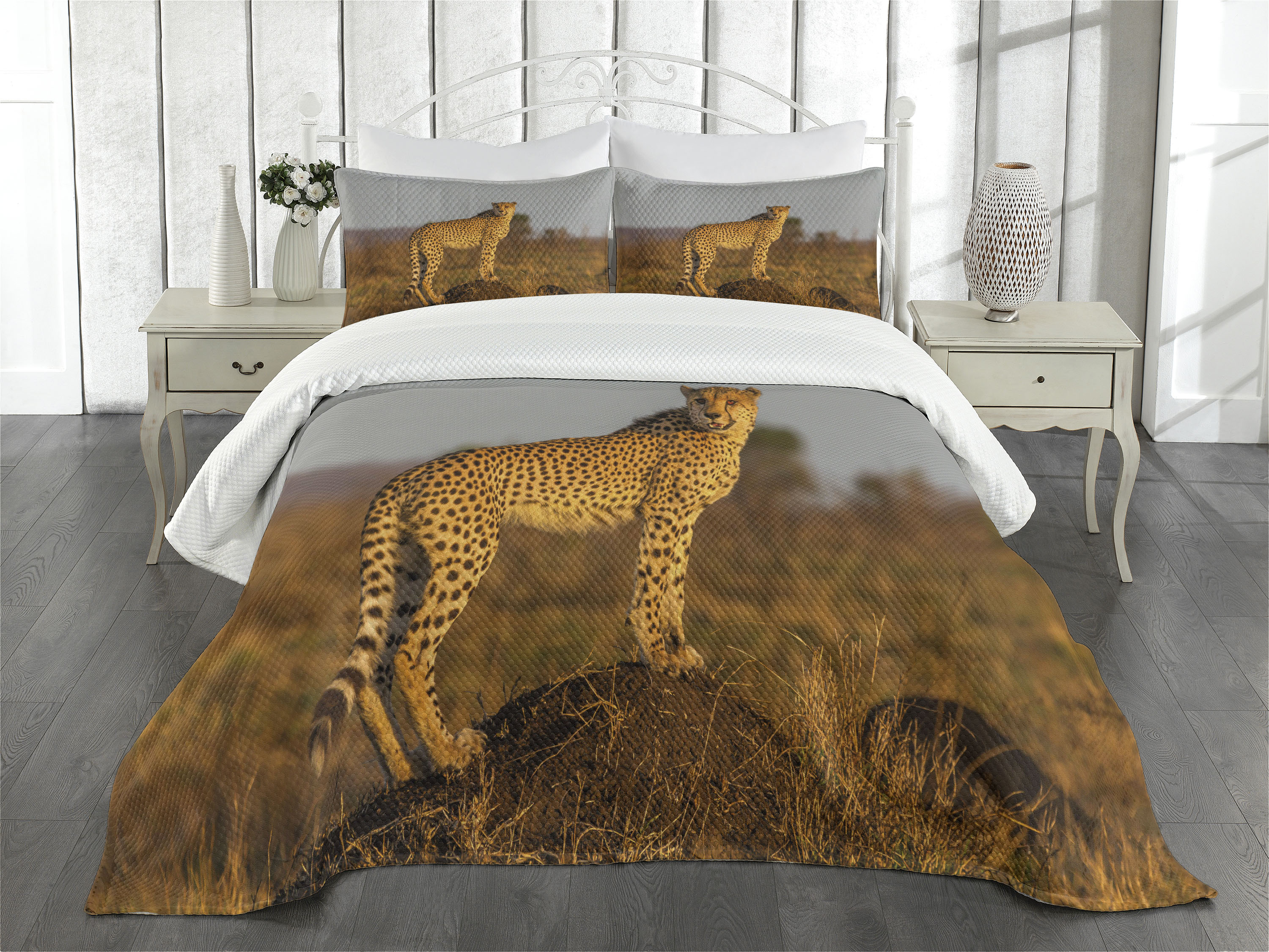 Ambesonne Savannah Quilted Bedspread Set 3 Pcs, Wild Cheetah Blurry ...