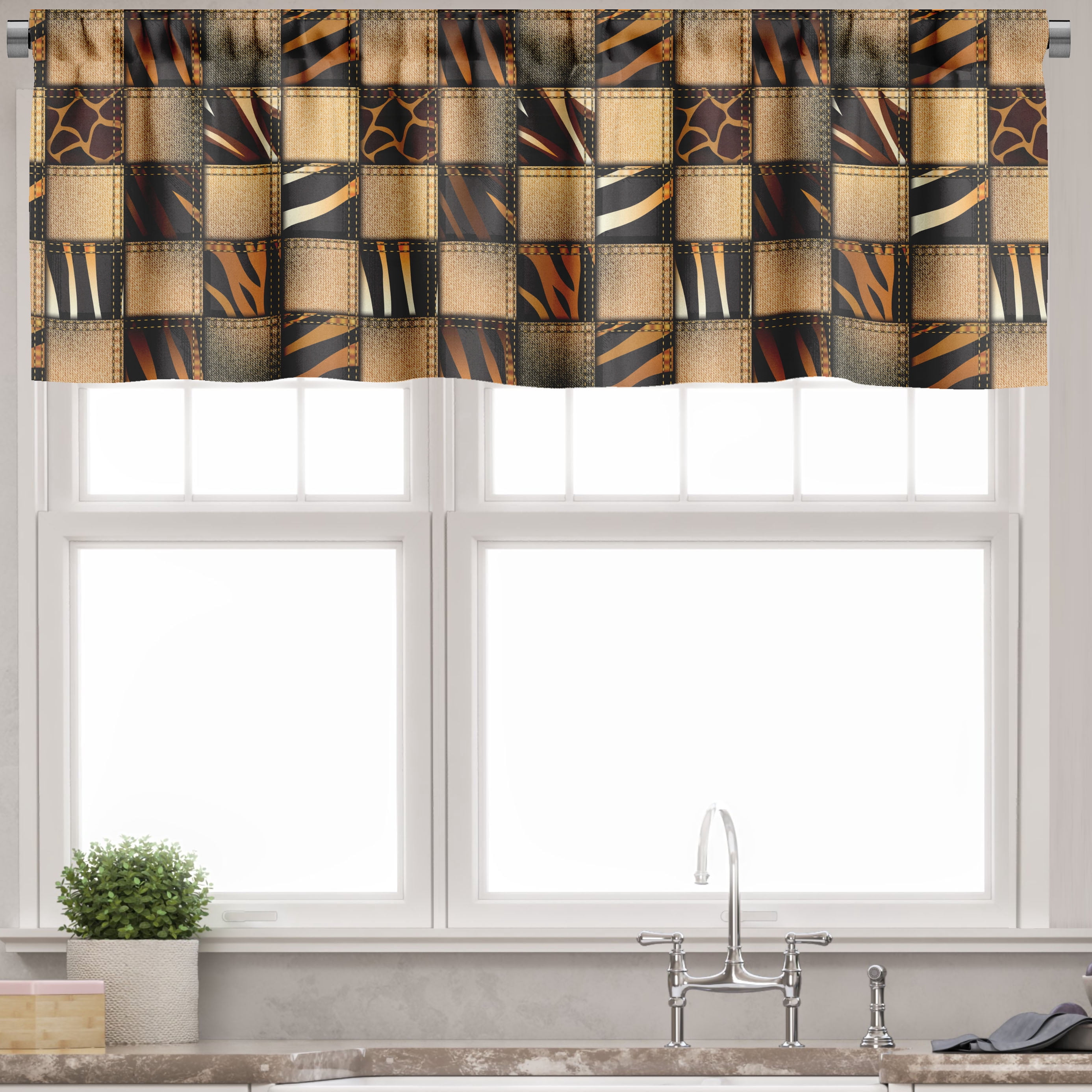 Ambesonne Savannah Window Valance, Earthy Wildlife Patchwork, 54" X 18", Black and Brown ...