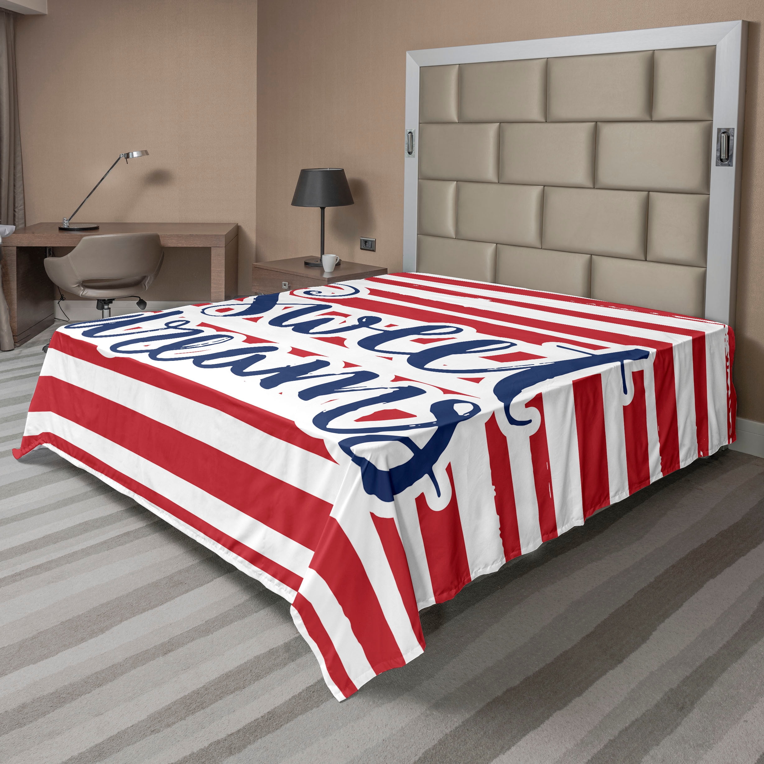 Ambesonne Saying Flat Sheet, Nautical Striped, Full Size, Red Navy Blue ...