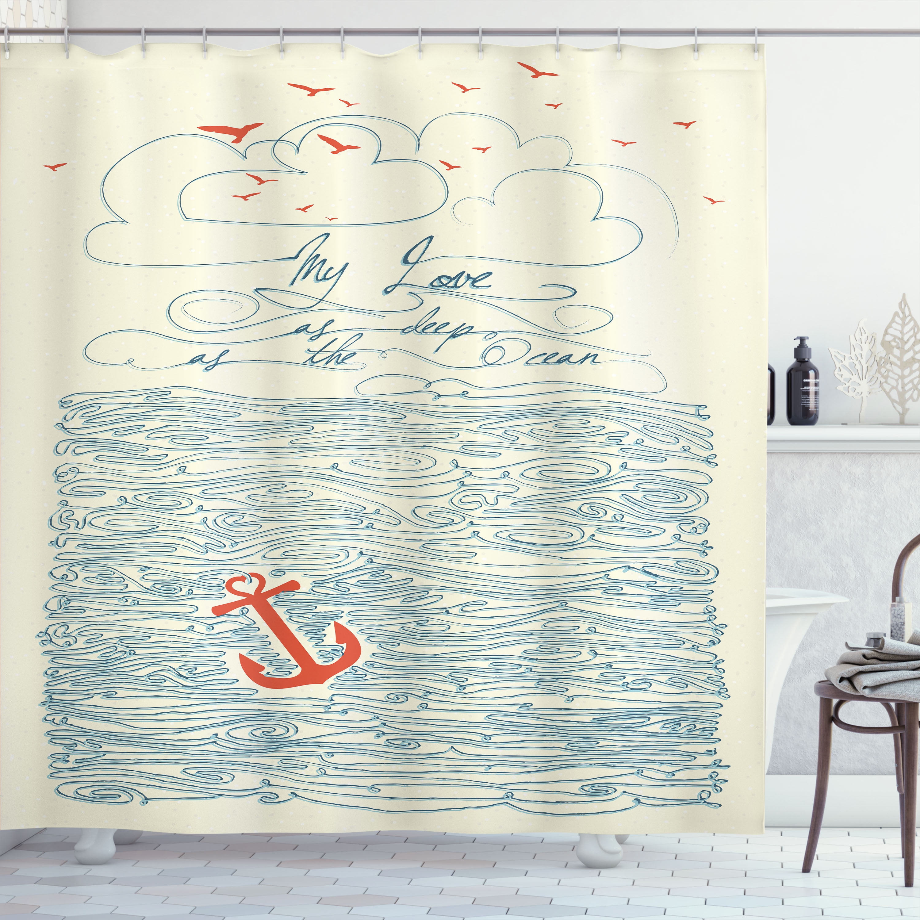 Ambesonne Saying Shower Curtain, Birds and Waves Message, 69"Wx84"L ...