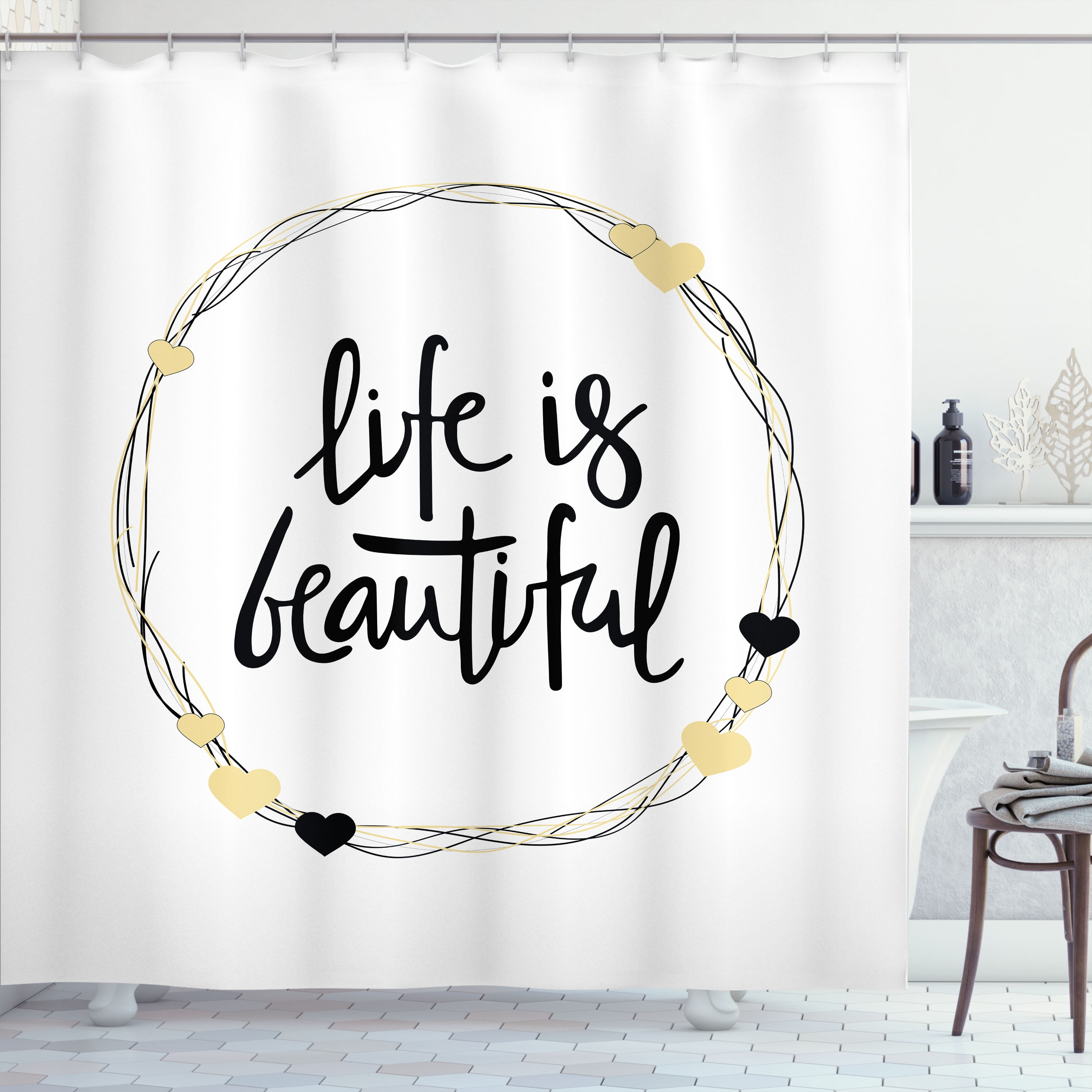 Ambesonne Saying Shower Curtain, Hearts Line Words, 69"Wx70"L, Yellow ...