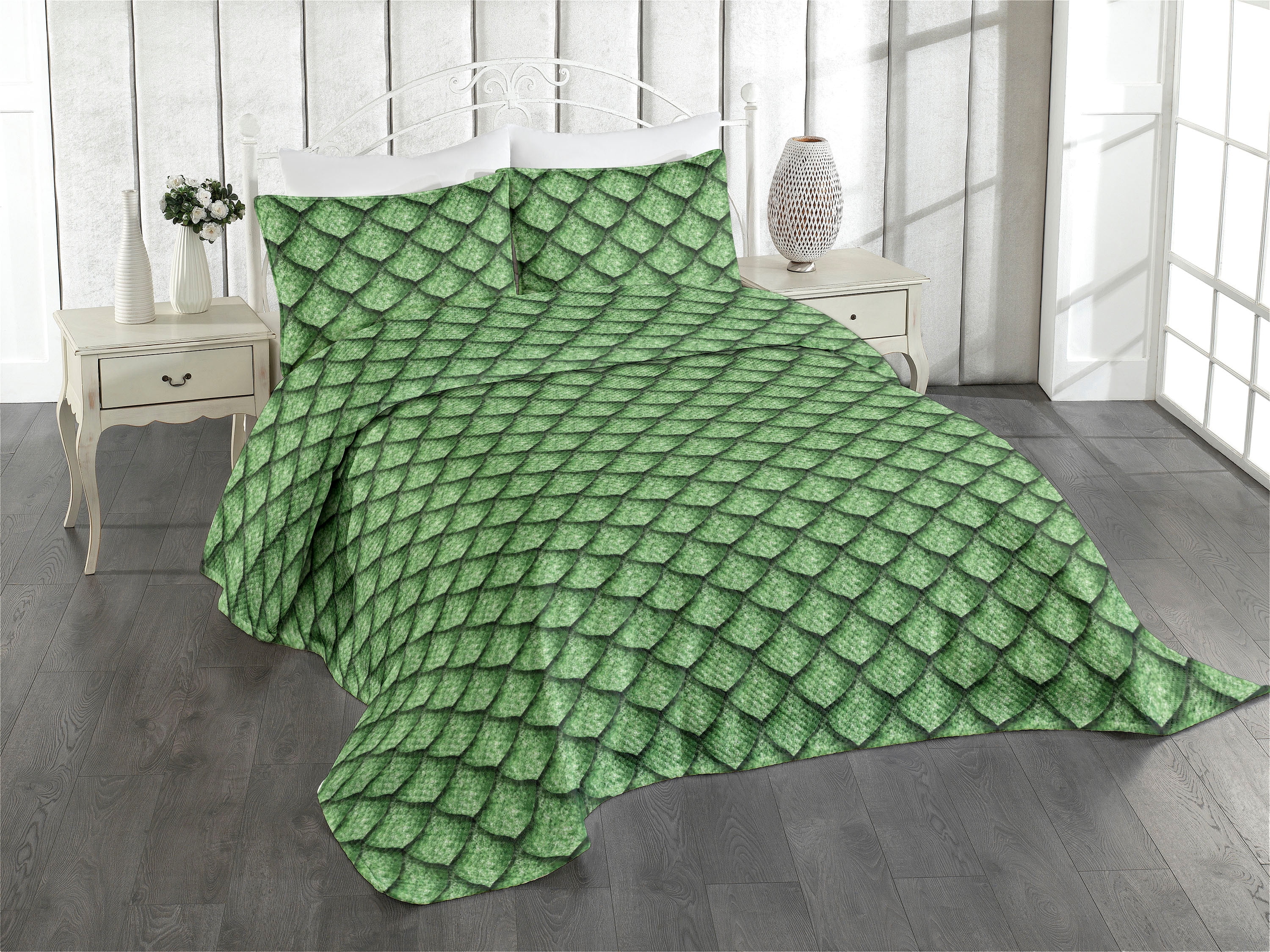 Ambesonne Scale Print Quilted Coverlet 3 Pcs, Leafy Fish Skin Motif ...