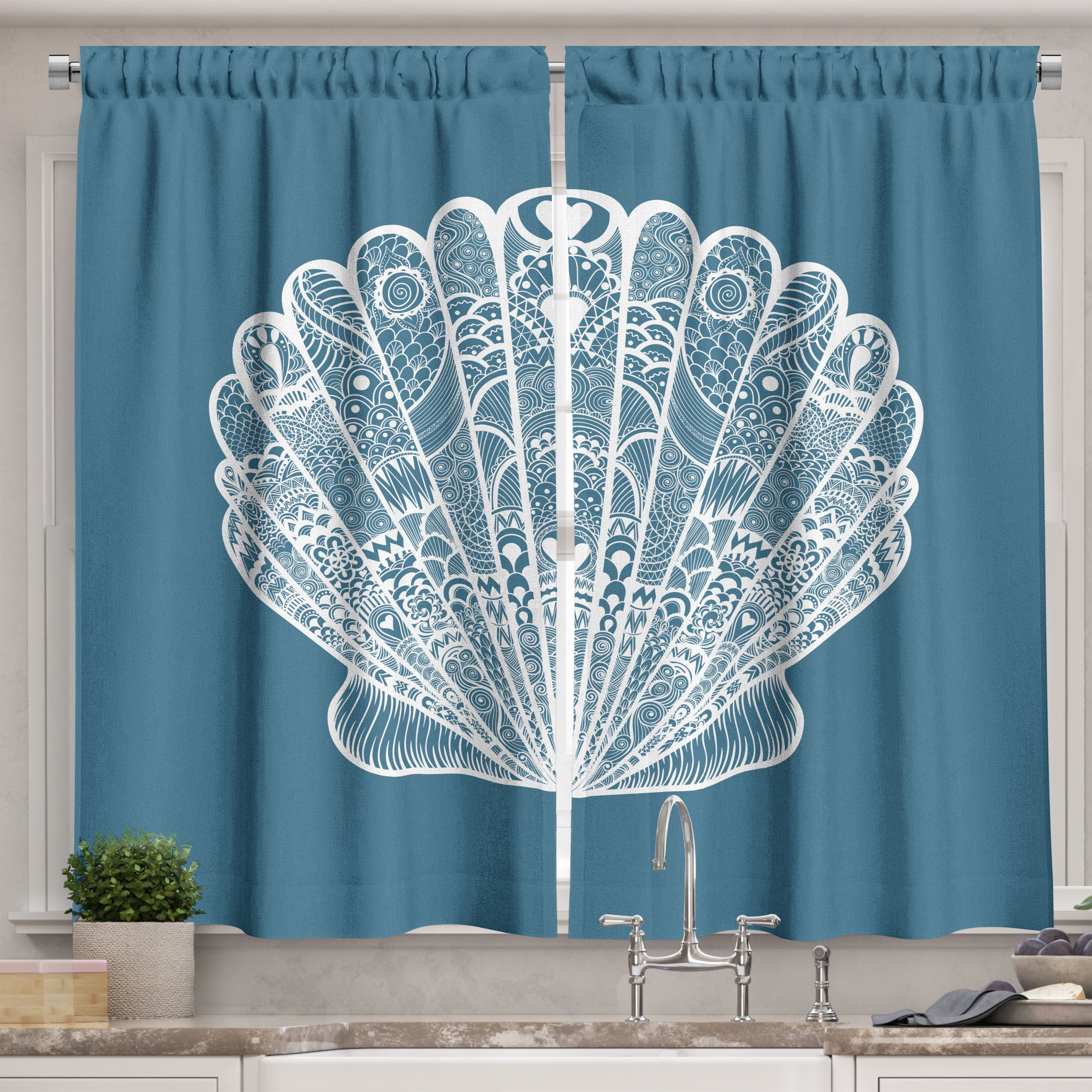 Ambesonne Scallop Kitchen Curtains, Zentangle Look Sea Shell, 55"x45 ...