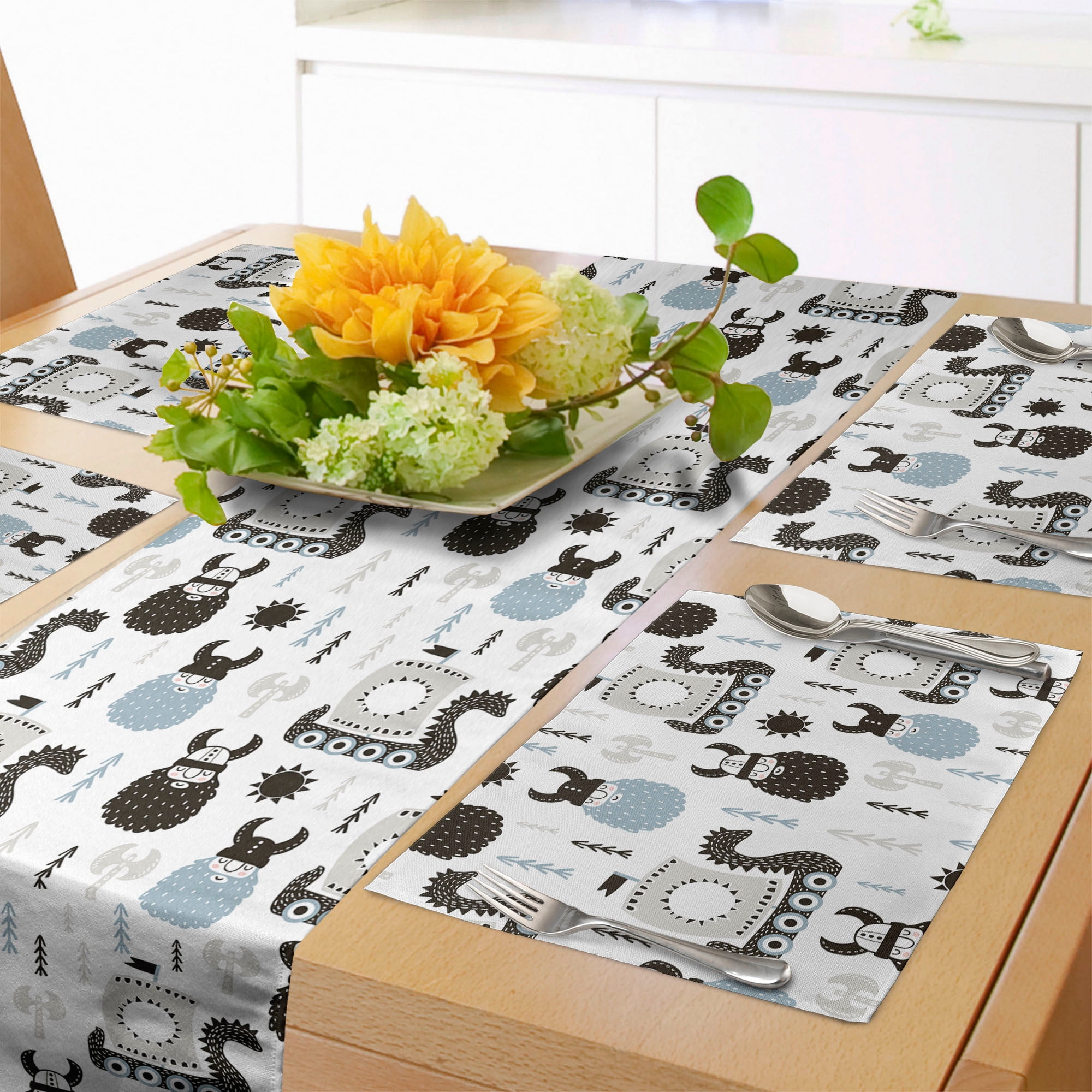 Ambesonne Scandinavian Table Runner & Placemats, Longboats Viking Folk ...
