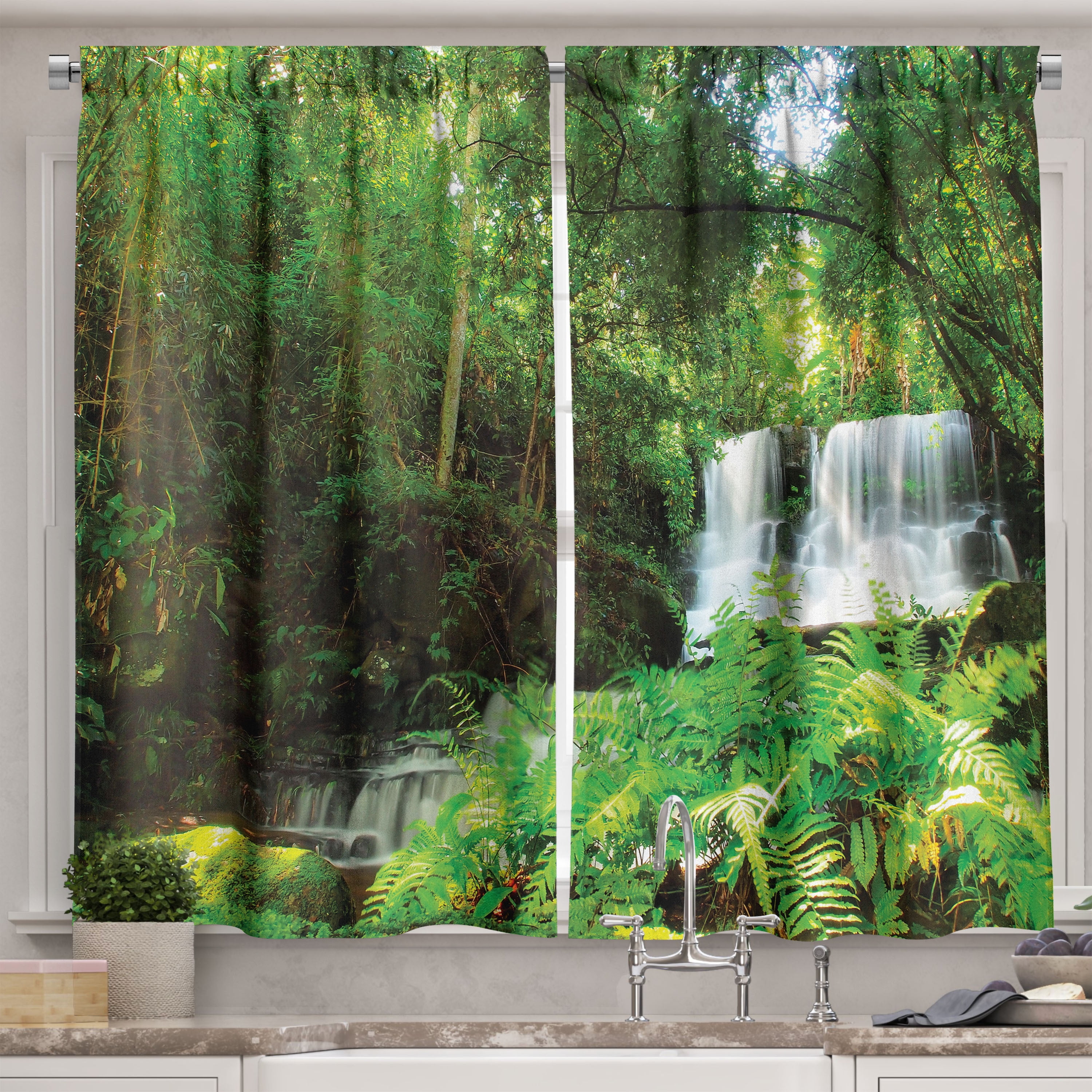Ambesonne Scenery Kitchen Curtains, Spring Botanic Forest, 55"x45 ...