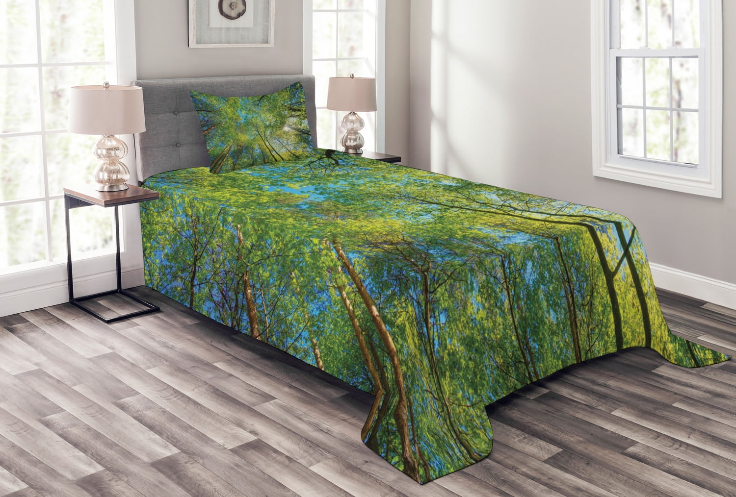 Ambesonne Scenery Quilted Bedspread Set 2 Pcs, Willow Flora in Nature ...