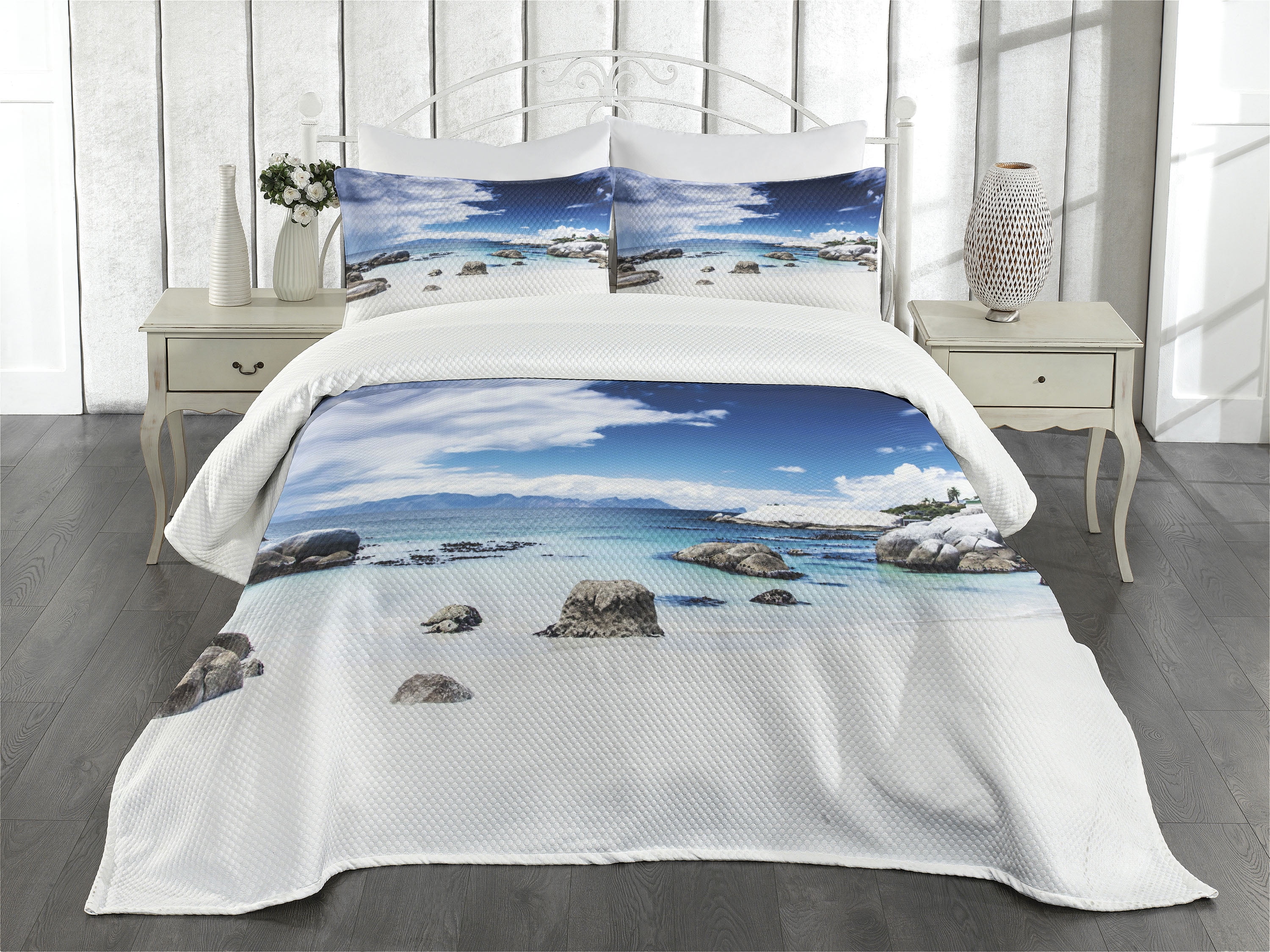 Ambesonne Scenery Quilted Bedspread Set 3 Pcs, Digital Rocks and Ocean ...