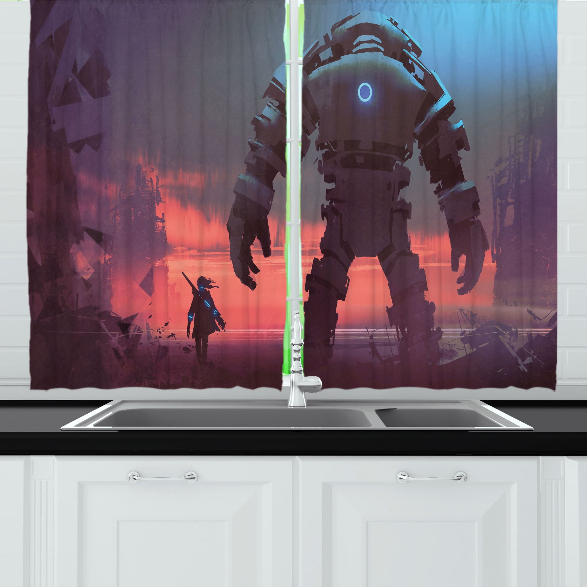 Ambesonne Sci-fi Kitchen Curtains, Cyberpunk Sunset Giant Robot, 55"x45 ...