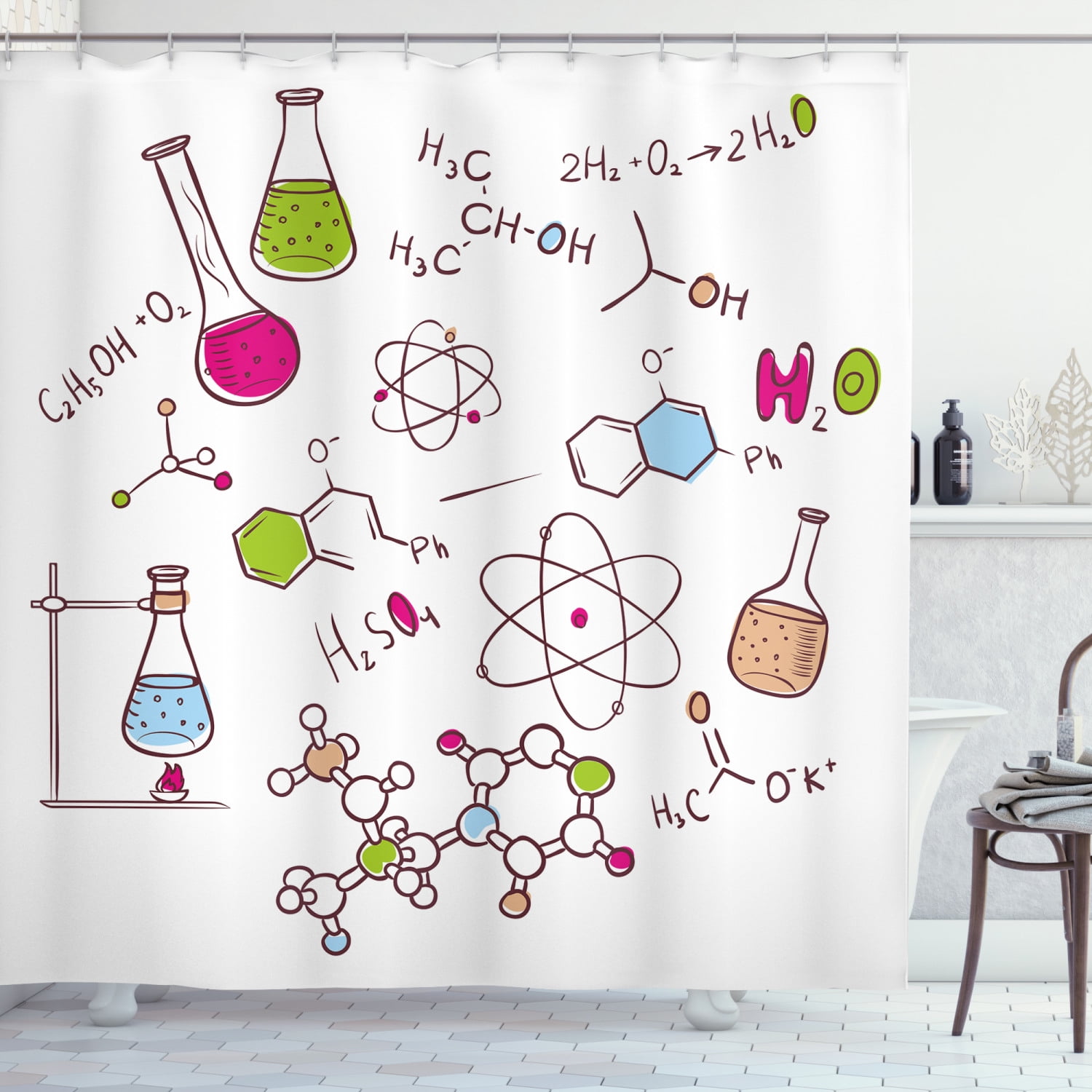 Ambesonne Science Shower Curtain, Doodle Style Atom, 69"Wx75"L, Green ...