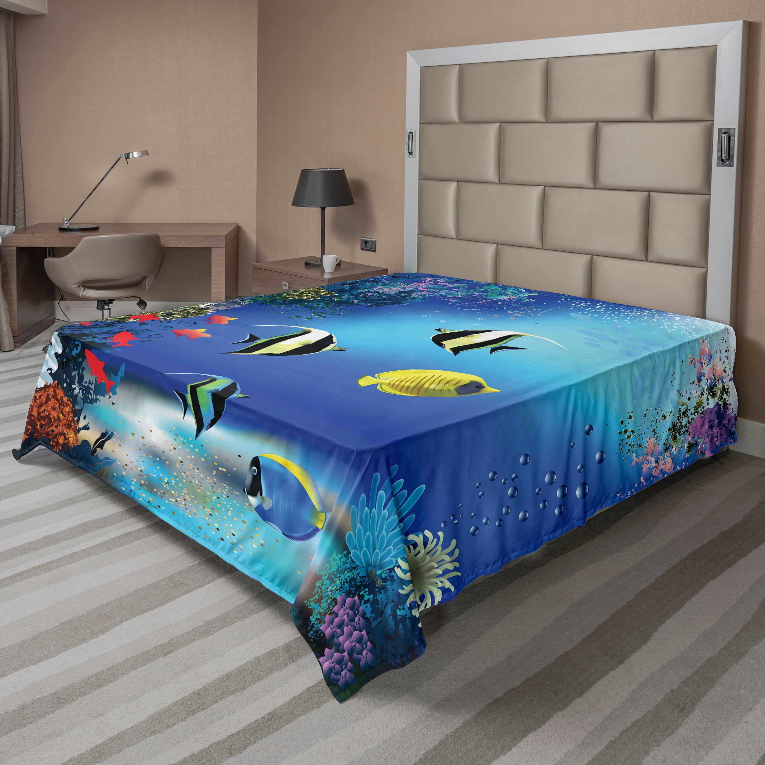 Ambesonne Sea Flat Sheet, Ocean Coral Reefs Tropic, King Size, Blue ...