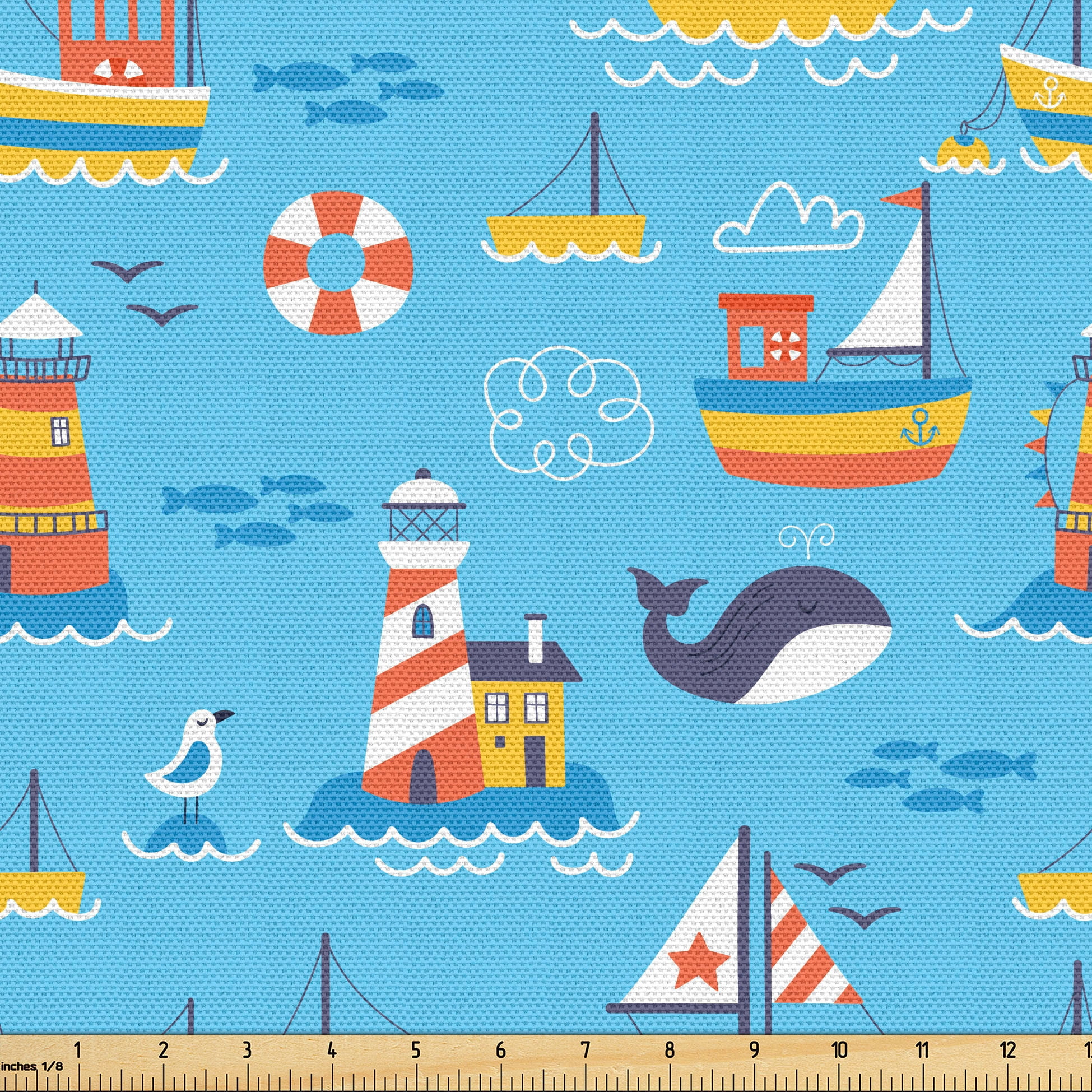 Ambesonne Sea Life Fabric by the Yard Upholstery, Boats and Lighthouse ...
