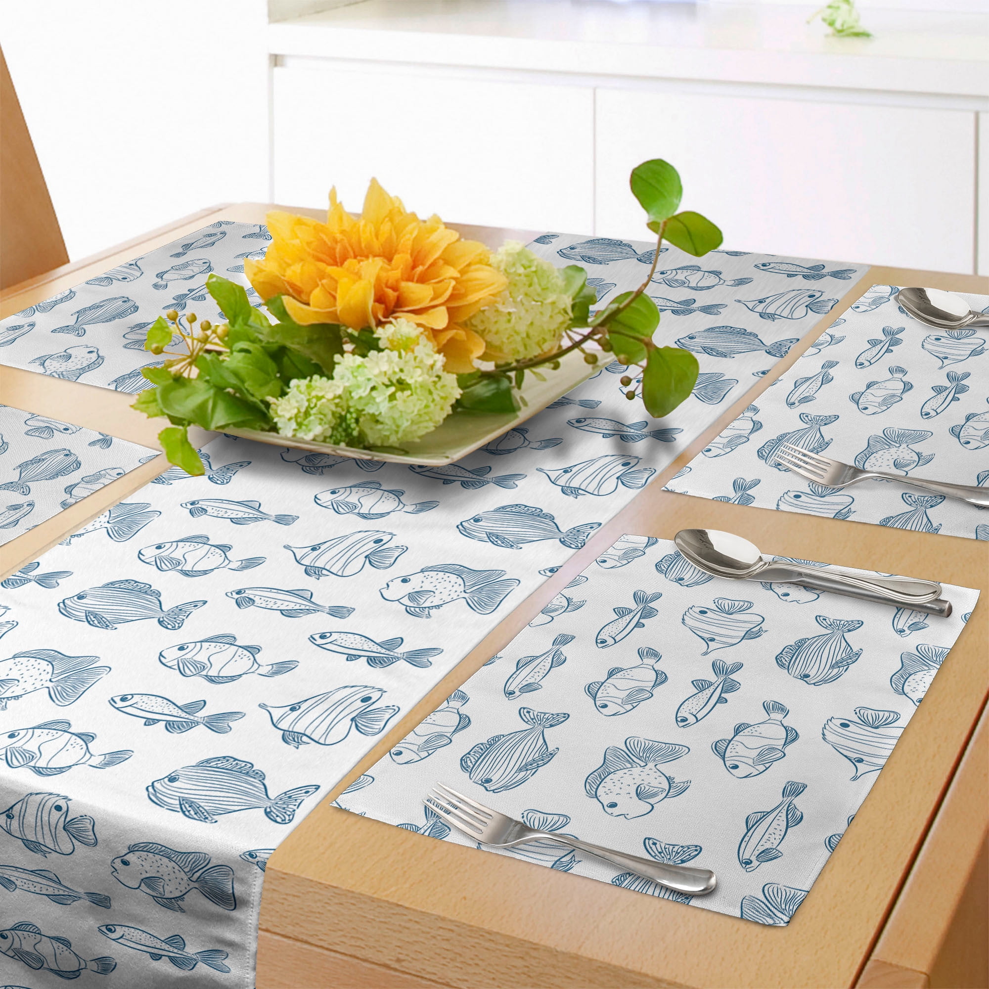 Ambesonne Sea Life Table Runner & Placemats, Outline Design Fish Design ...