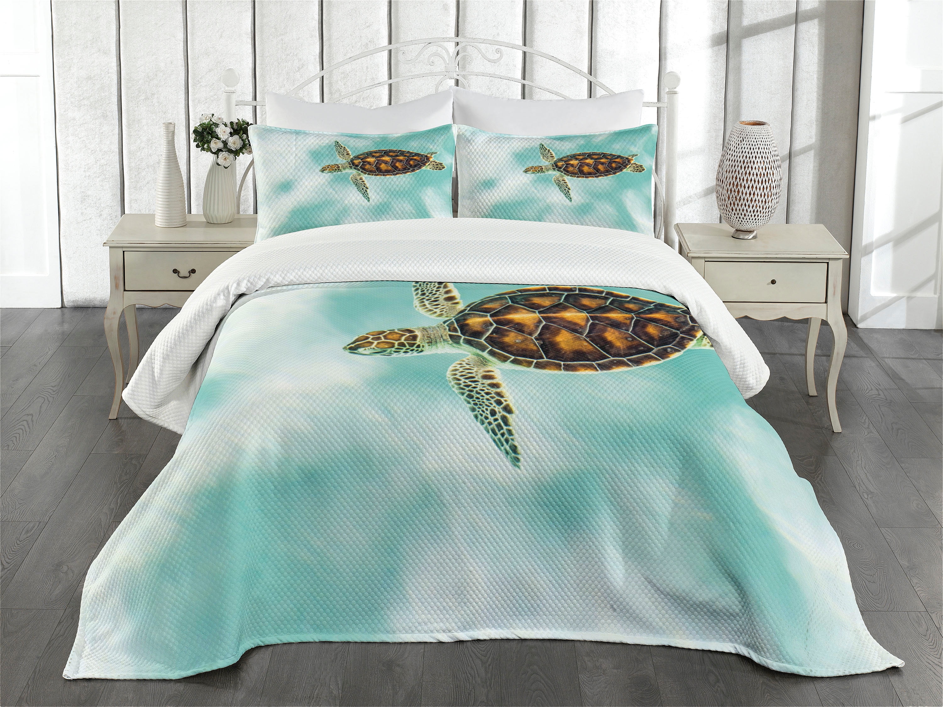 Ambesonne Sea Quilted Bedspread Set 3 Pcs, Endangered Turtle, King Size ...