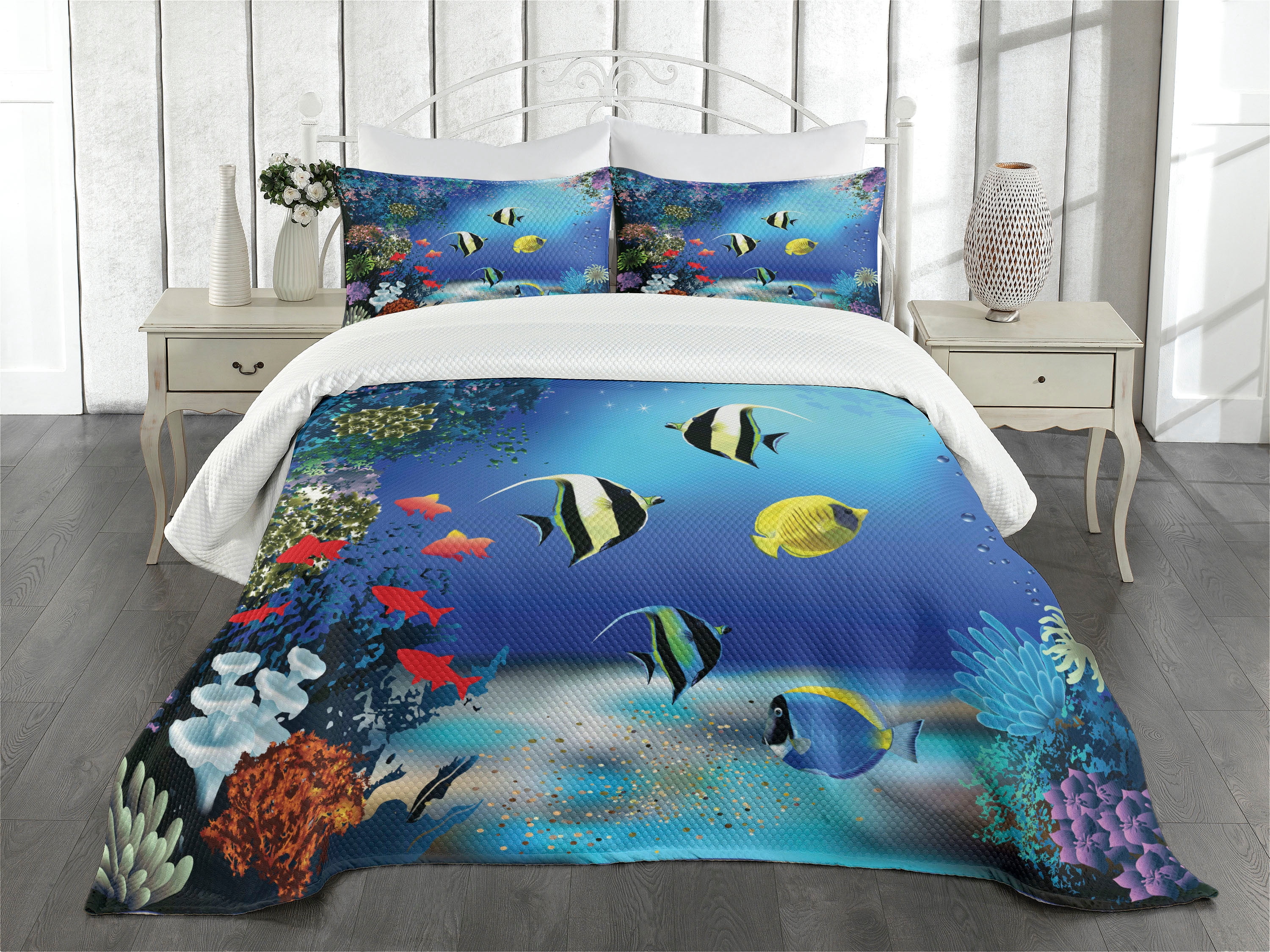 Ambesonne Sea Quilted Bedspread Set 3 Pcs, Ocean Coral Reefs Tropic ...