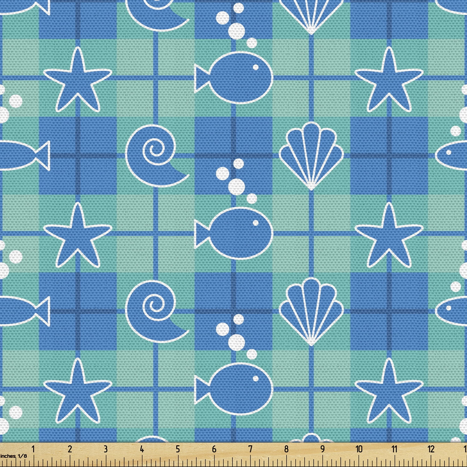 Ambesonne Sea Shells Fabric by the Yard Upholstery, Plaid Pattern ...