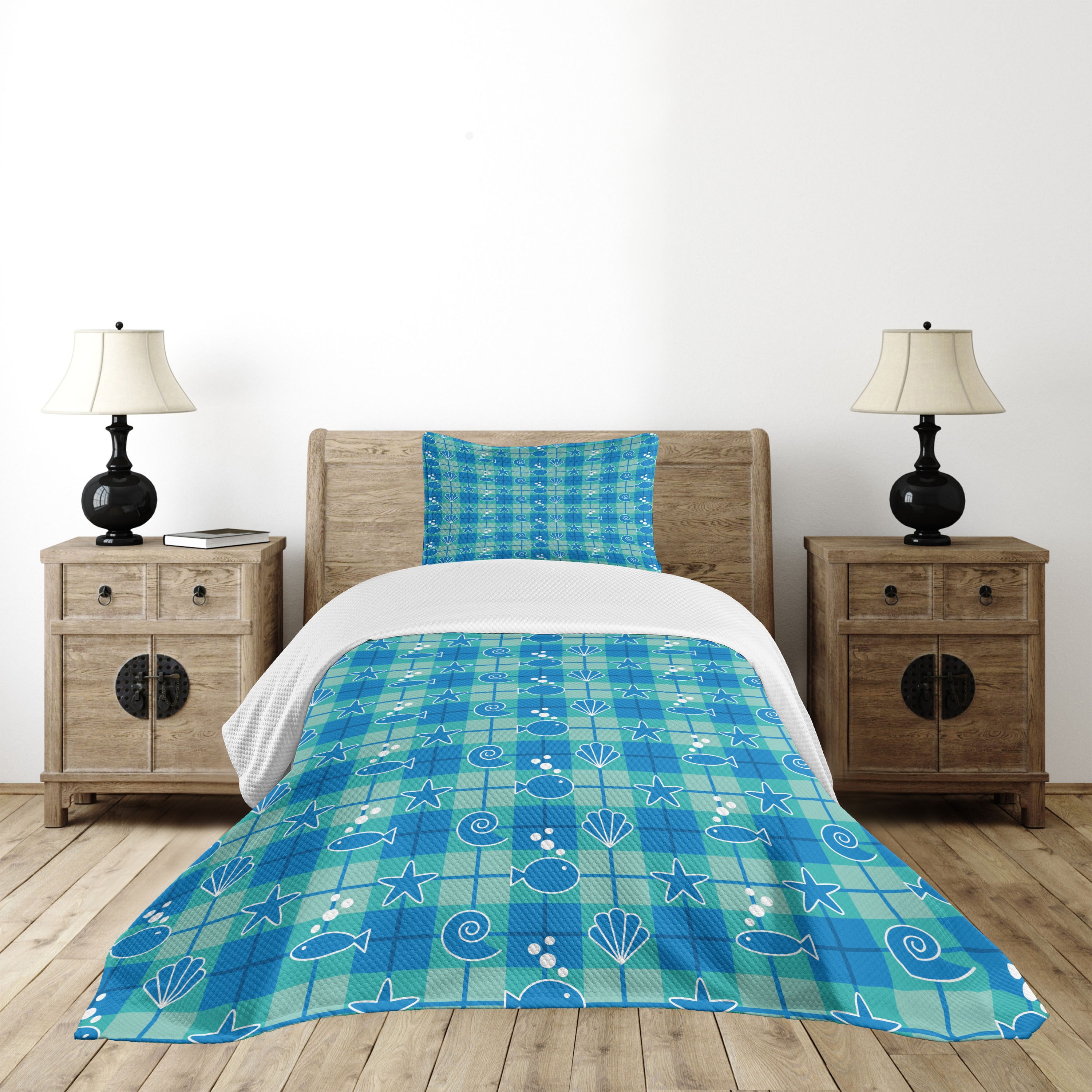 Ambesonne Sea Shells Quilted Bedspread Set 2 Pcs, Plaid Pattern Marine ...