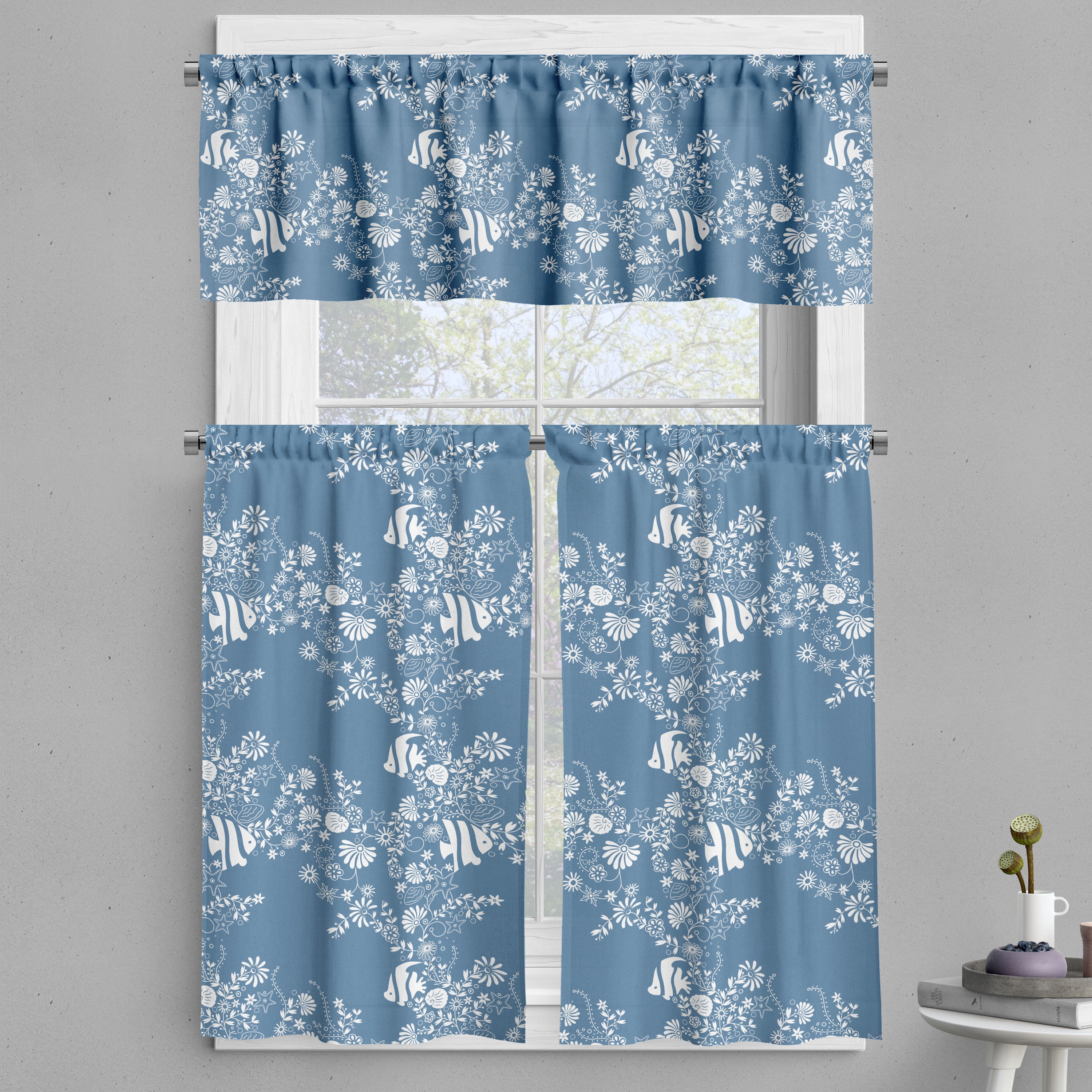 Ambesonne Sea Shells Valance & Curtain, Flowers and Fishes, 55"x24 ...
