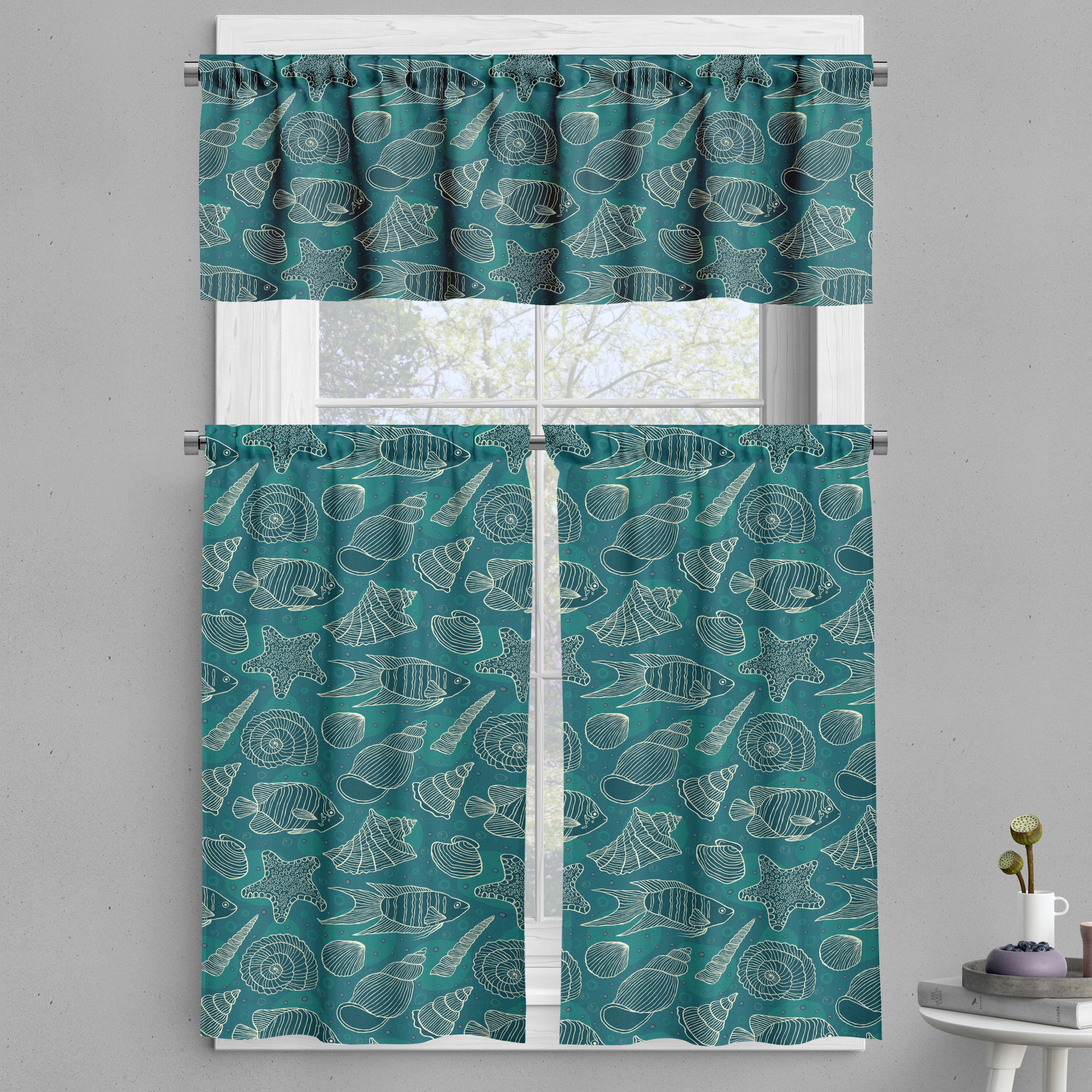Ambesonne Sea Shells Valance & Curtain, Ocean Line Design, 55"x36 ...