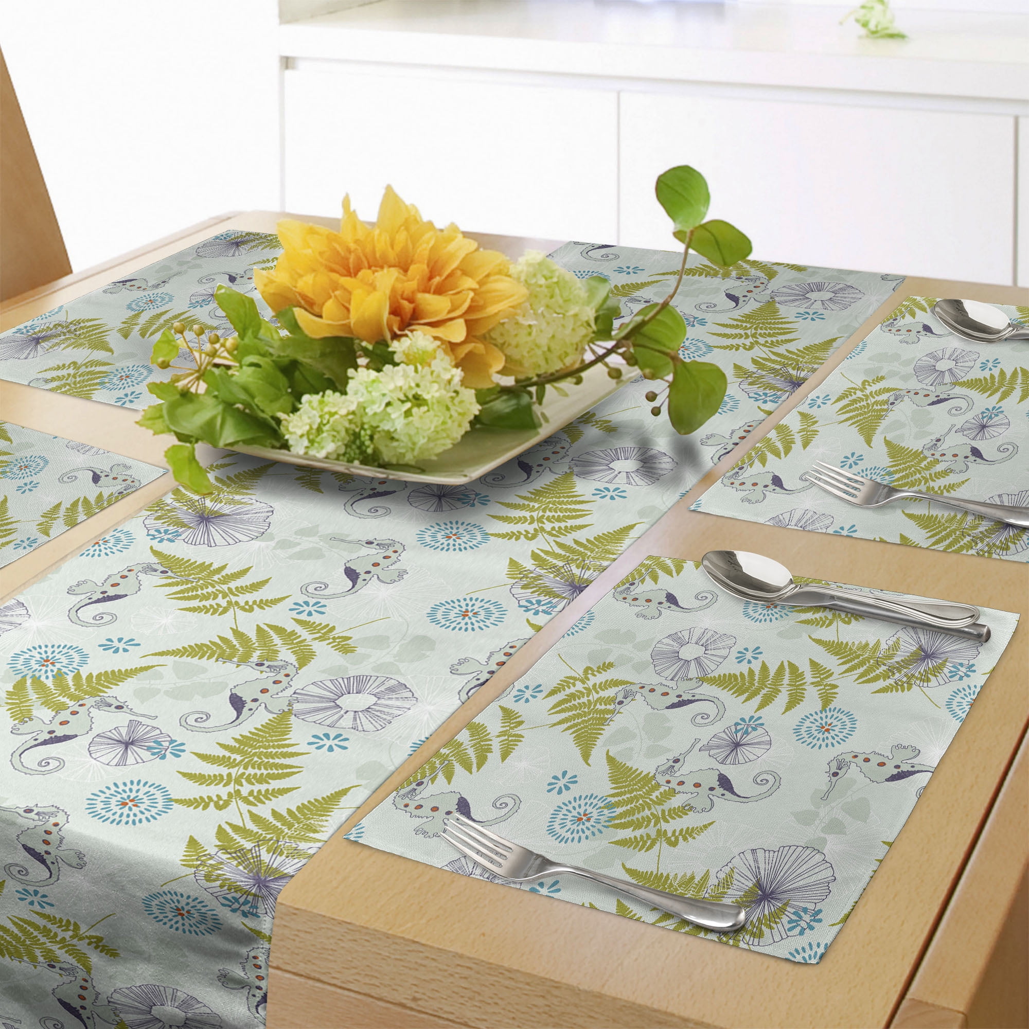 Ambesonne Sea Table Runner & Placemats, Seahorses and Fern Patterns ...