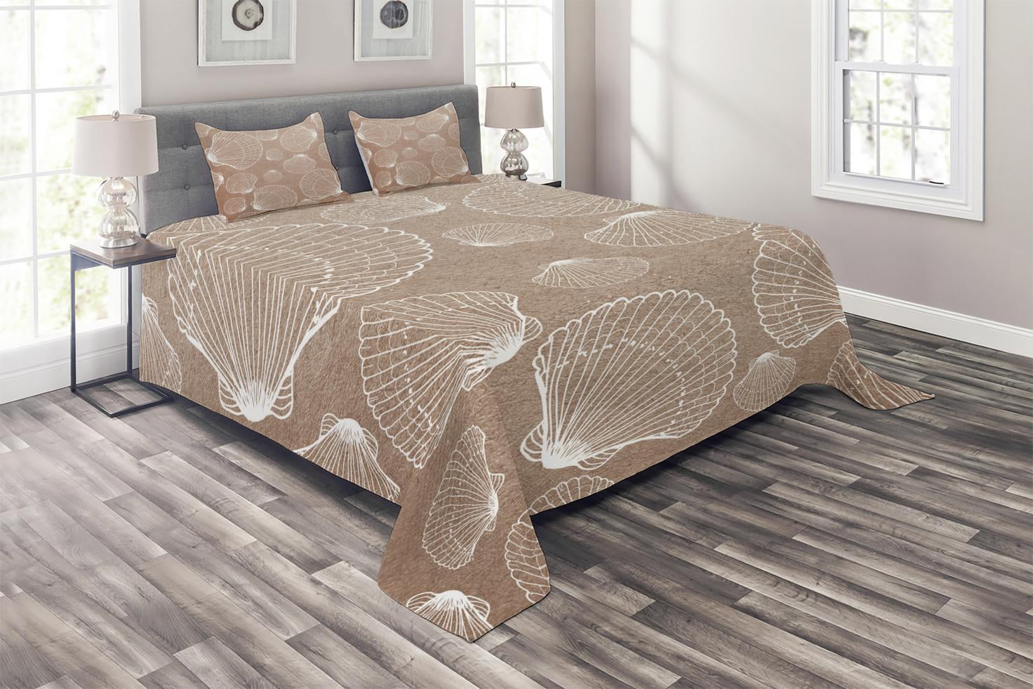 Ambesonne Seashell Quilted Coverlet 3 Pcs, Hand Drawn Shells, Queen ...