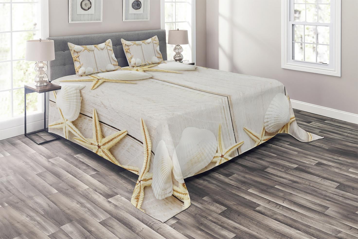 Ambesonne Seashell Quilted Coverlet 3 Pcs, Rustic Wooden Backdrop, King ...