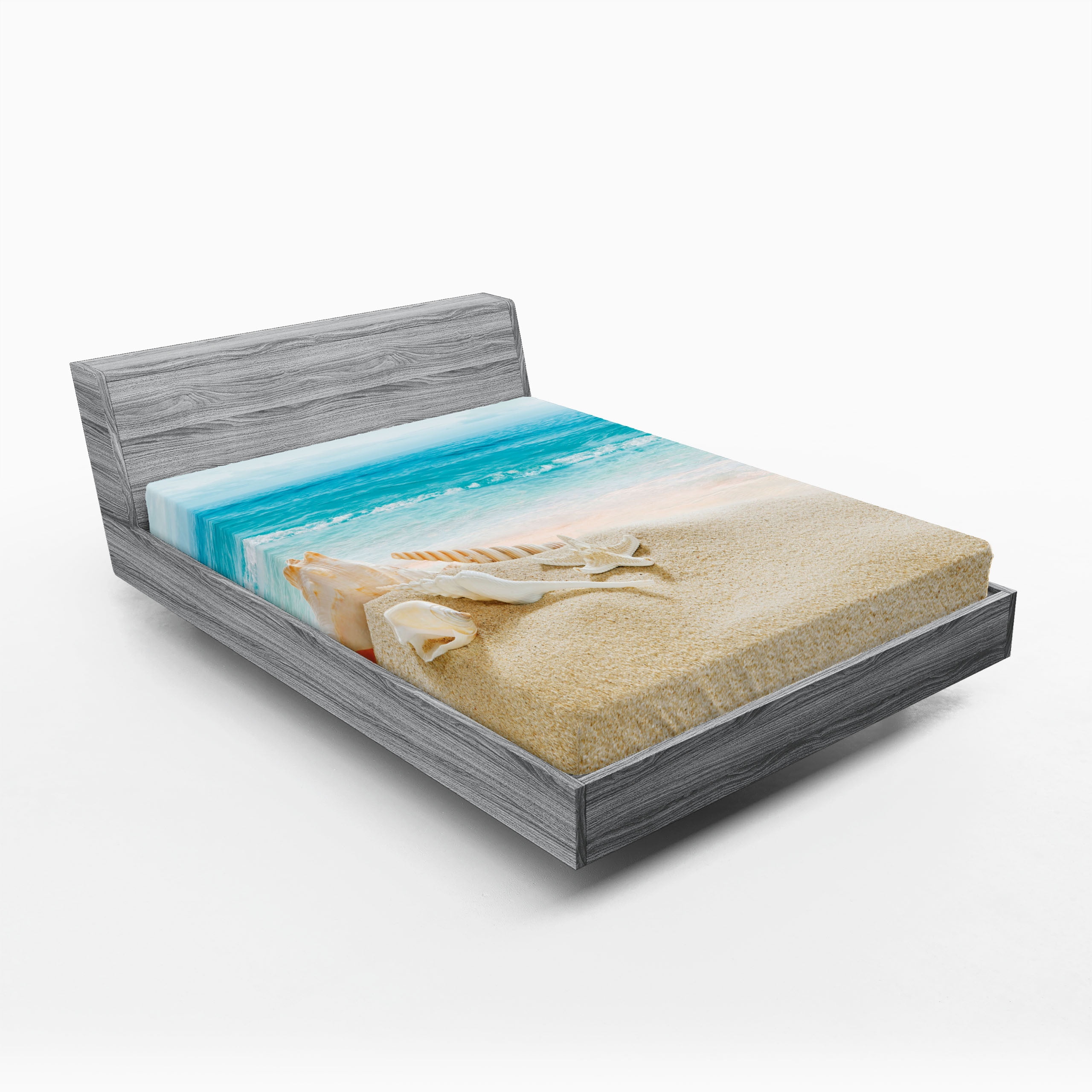 Ambesonne Seashells Fitted Sheet, Pastel Beach Scene, Full Size ...