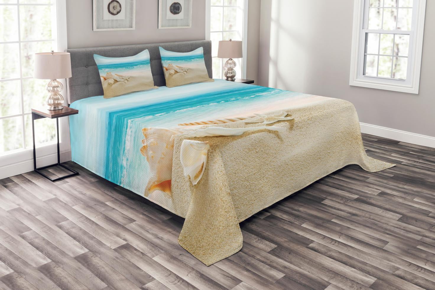Ambesonne Seashells Quilted Bedspread Set 3 Pcs, Pastel Beach Scene ...