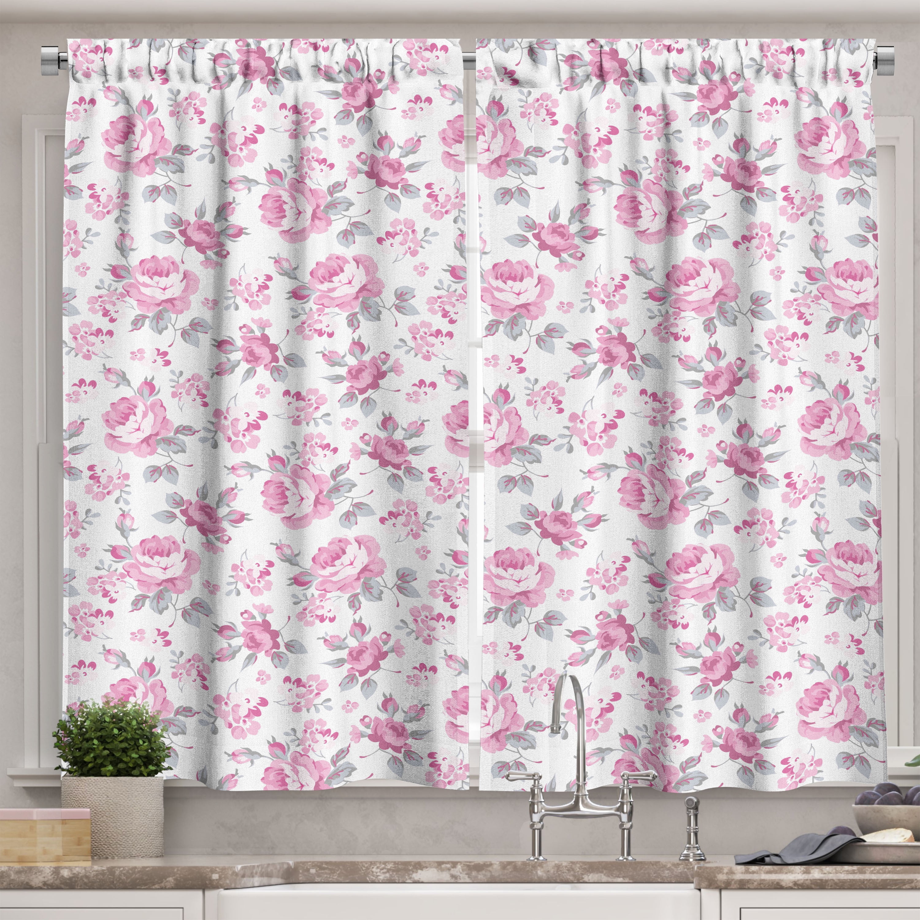 Ambesonne Shabby Flora Kitchen Curtains, Pink Roses Spring, 55"x39 ...