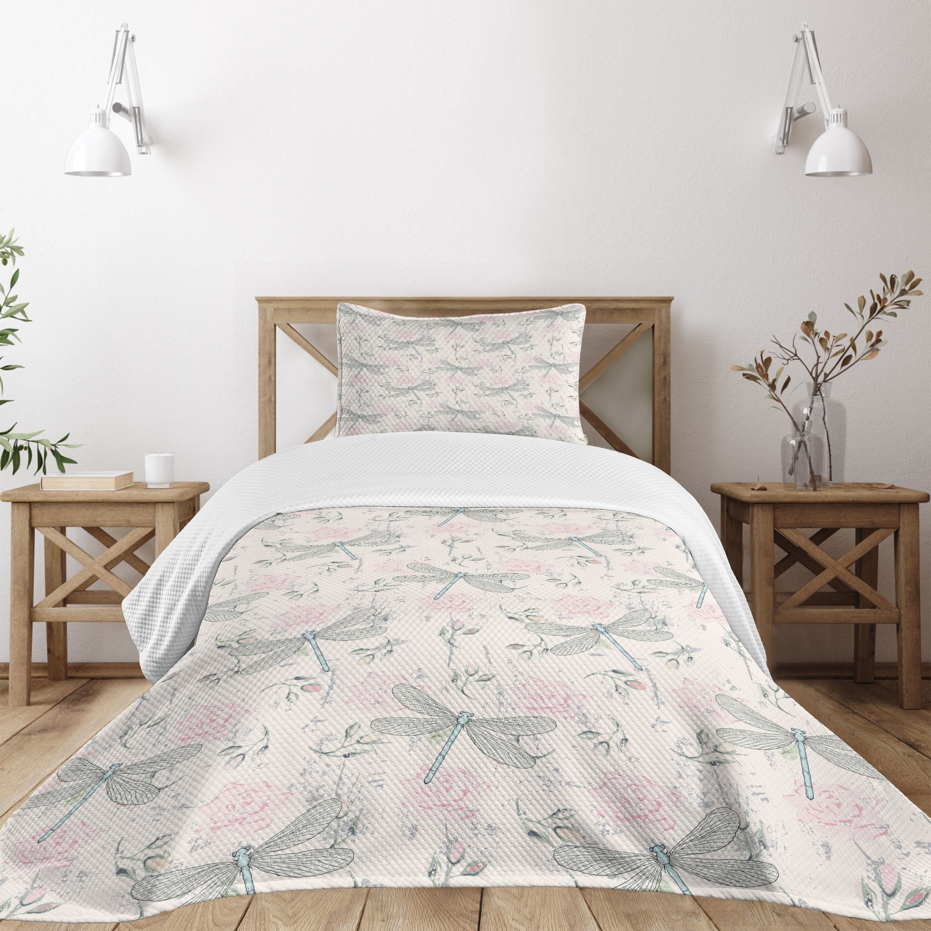 Ambesonne Shabby Flora Quilted Bedspread Set 2 Pcs, Vintage Dragonfly ...
