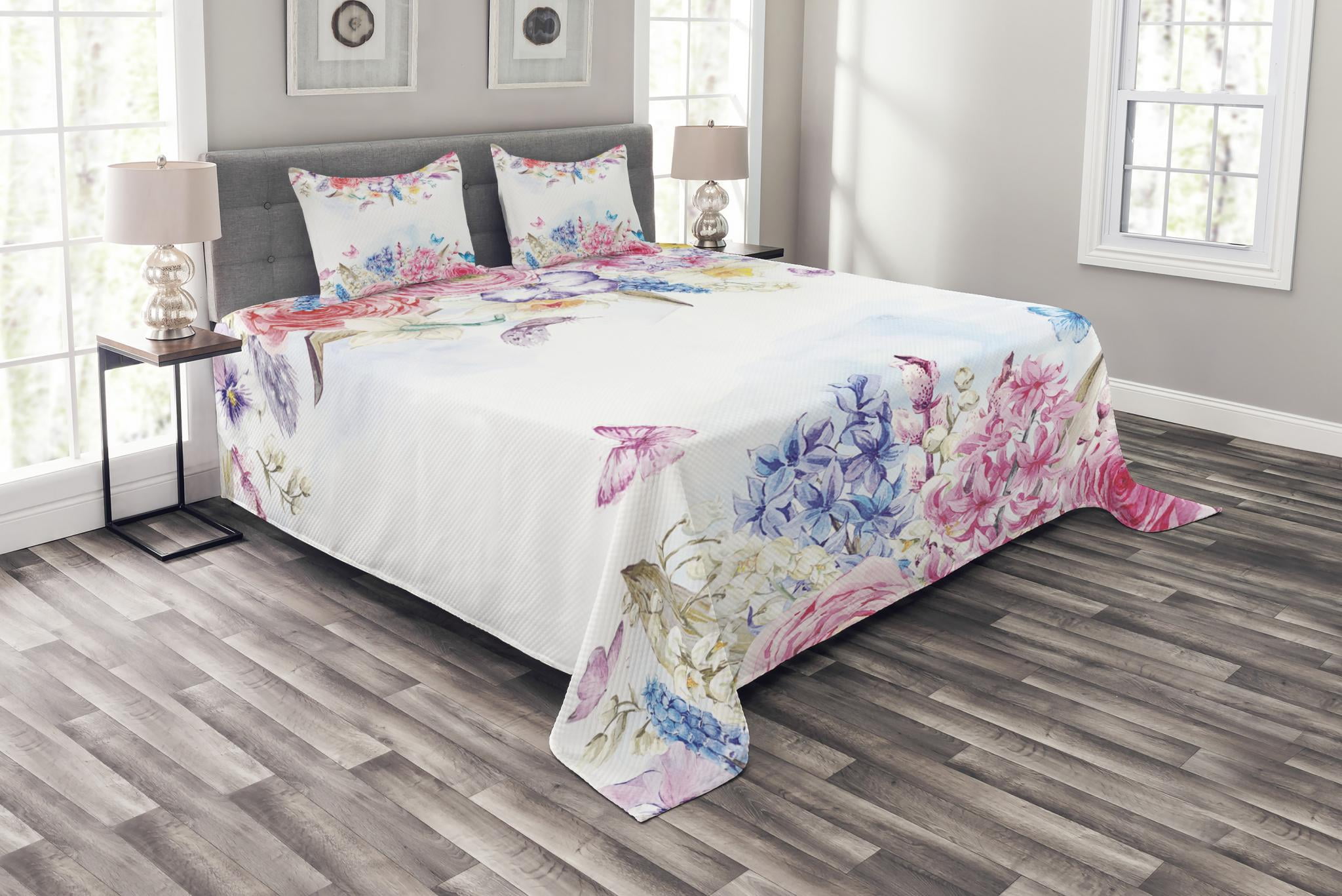 Ambesonne Shabby Flora Quilted Bedspread Set 3 Pcs, Rose Flower Daisies ...