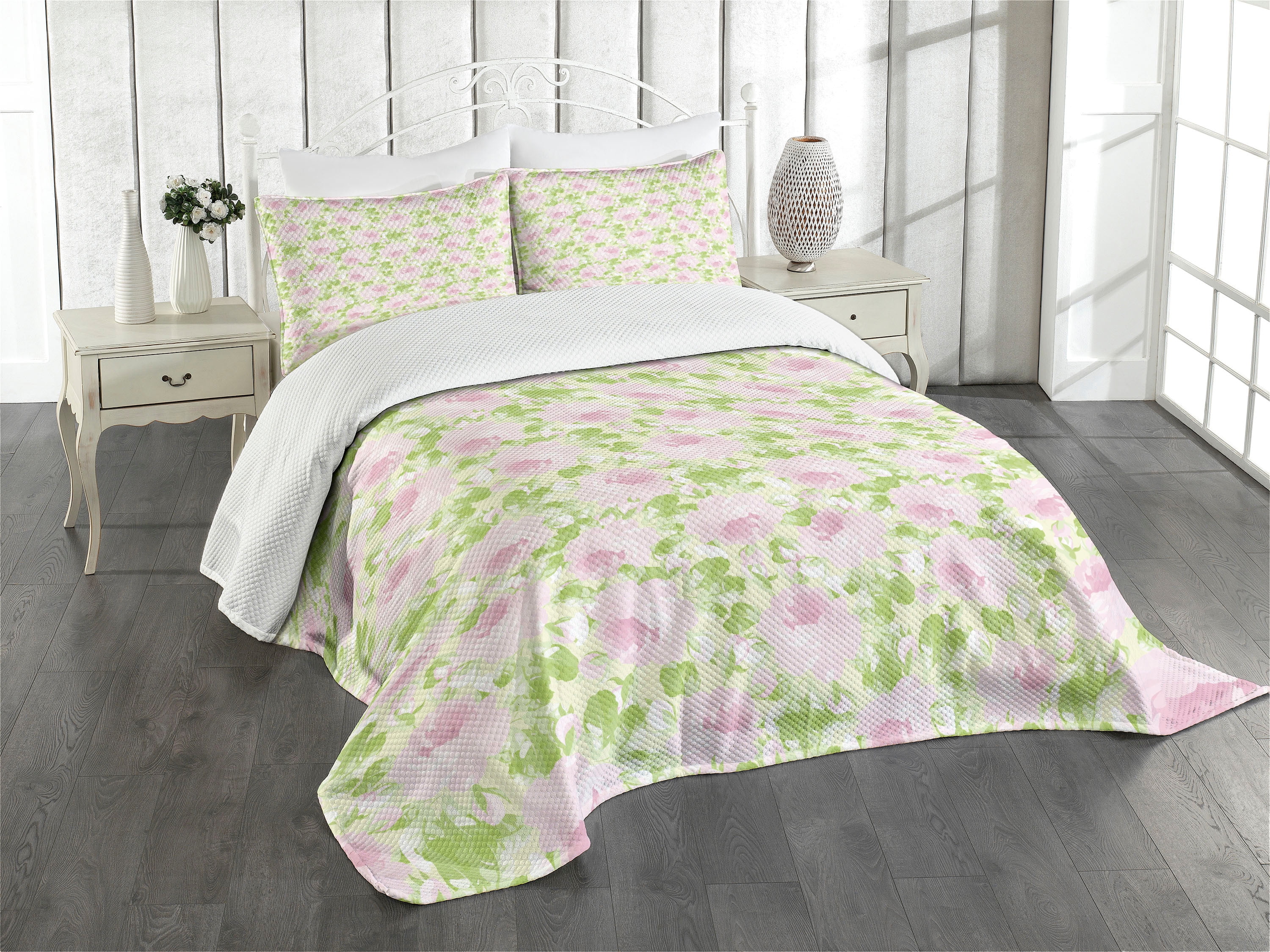 Ambesonne Shabby Flora Quilted Bedspread Set 3 Pcs, Spring Yard Pastel ...