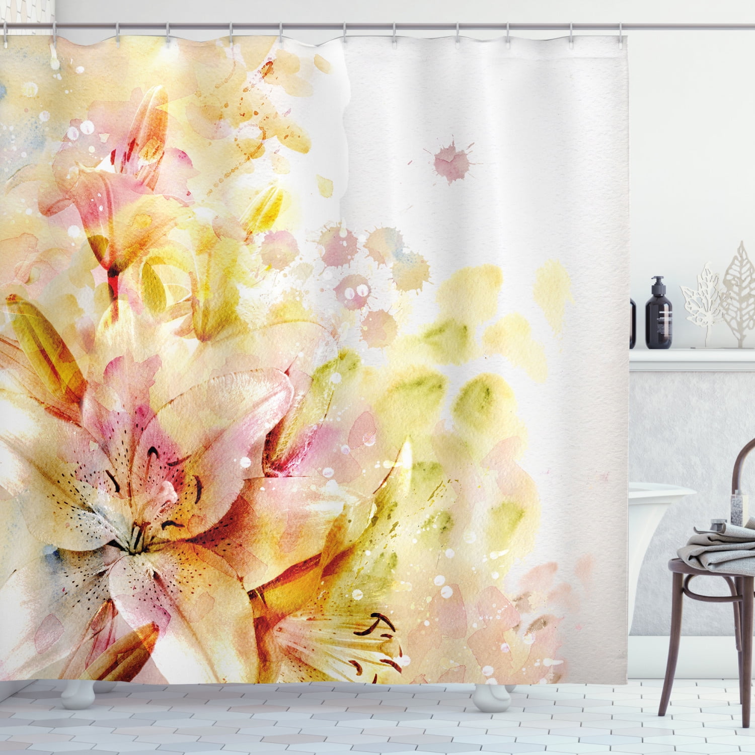 Ambesonne Shabby Flora Shower Curtain, Lilies Flowers Buds, 69"Wx84"L ...