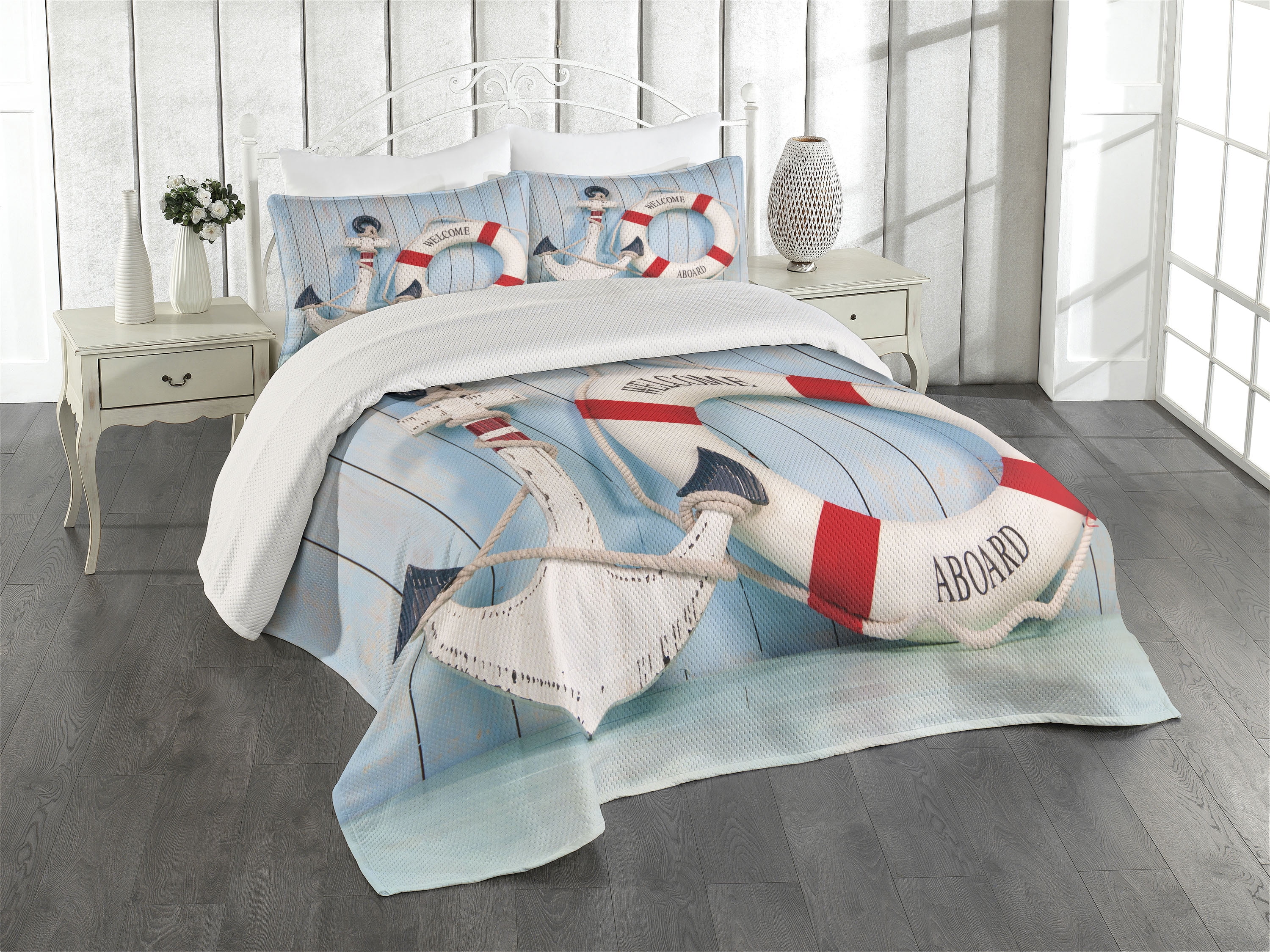 Ambesonne Shabby Quilted Coverlet 3 Pcs, Welcome Aboard Sign Anchor ...