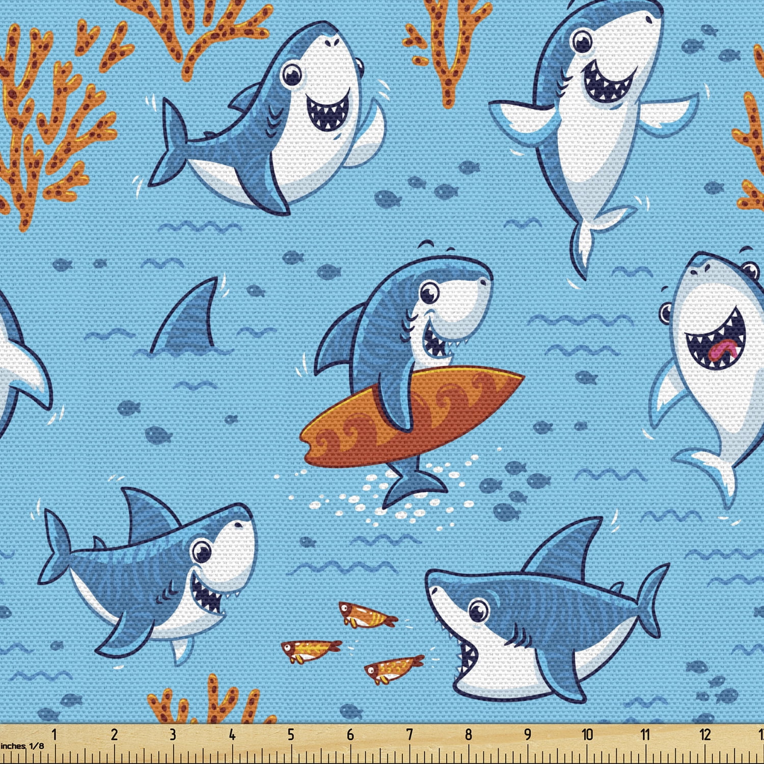 Ambesonne Shark Fabric by the Yard Upholstery, Underwater Funny World ...