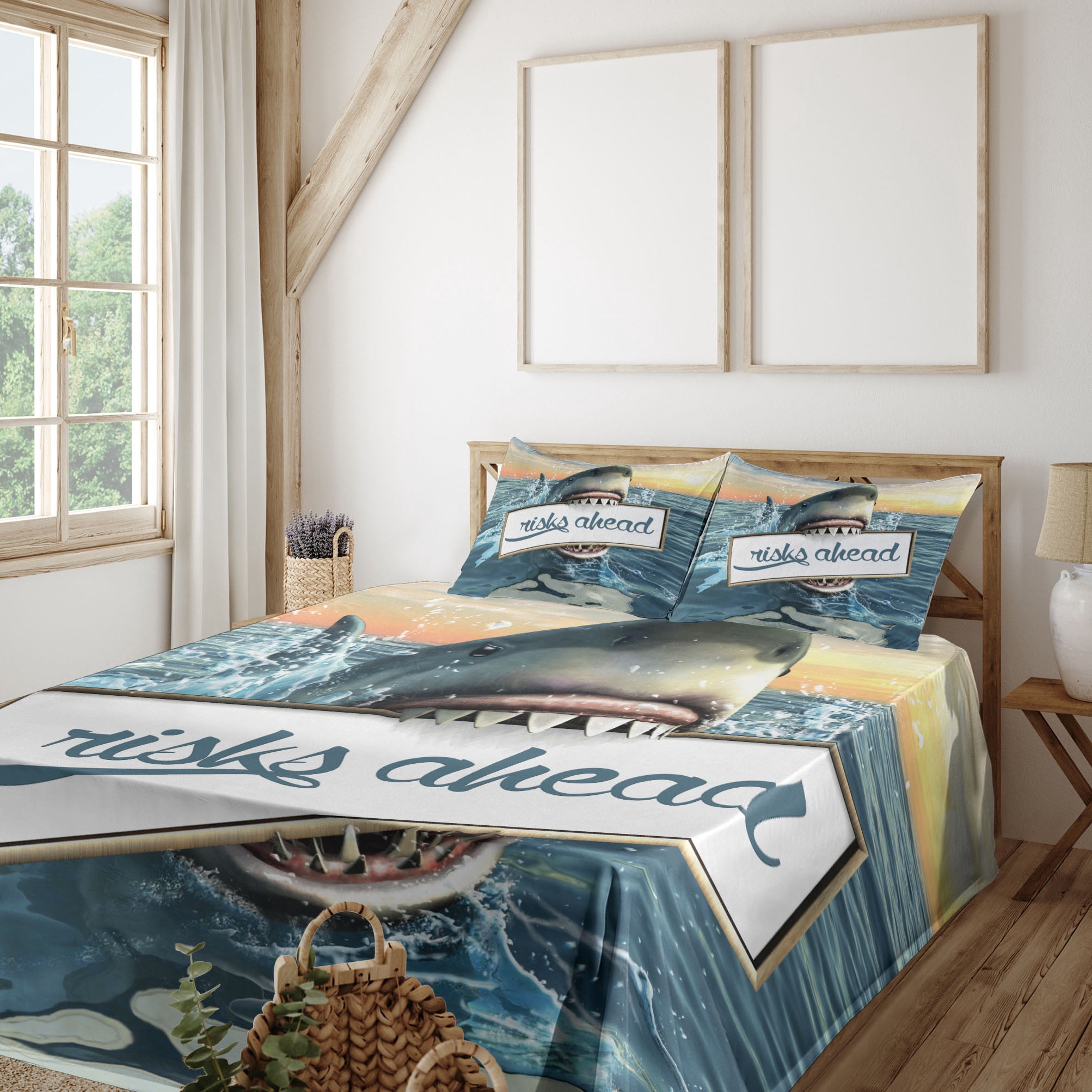 Ambesonne Shark Fitted & Top Sheet Set with Shams, Dangerous Fish Holds ...