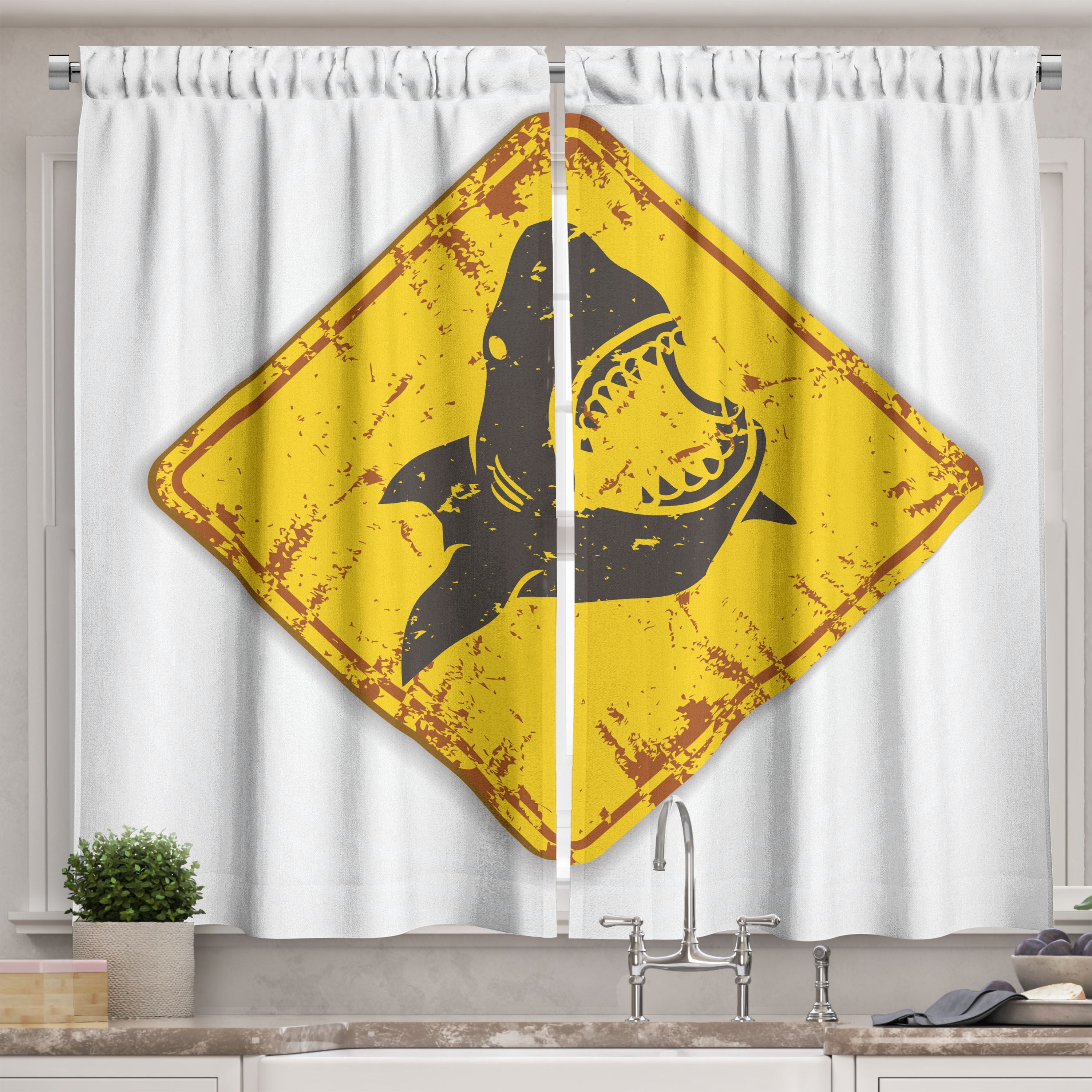 Ambesonne Shark Kitchen Curtains, Caution Sgn Sharp Teeth, 55"x45 ...