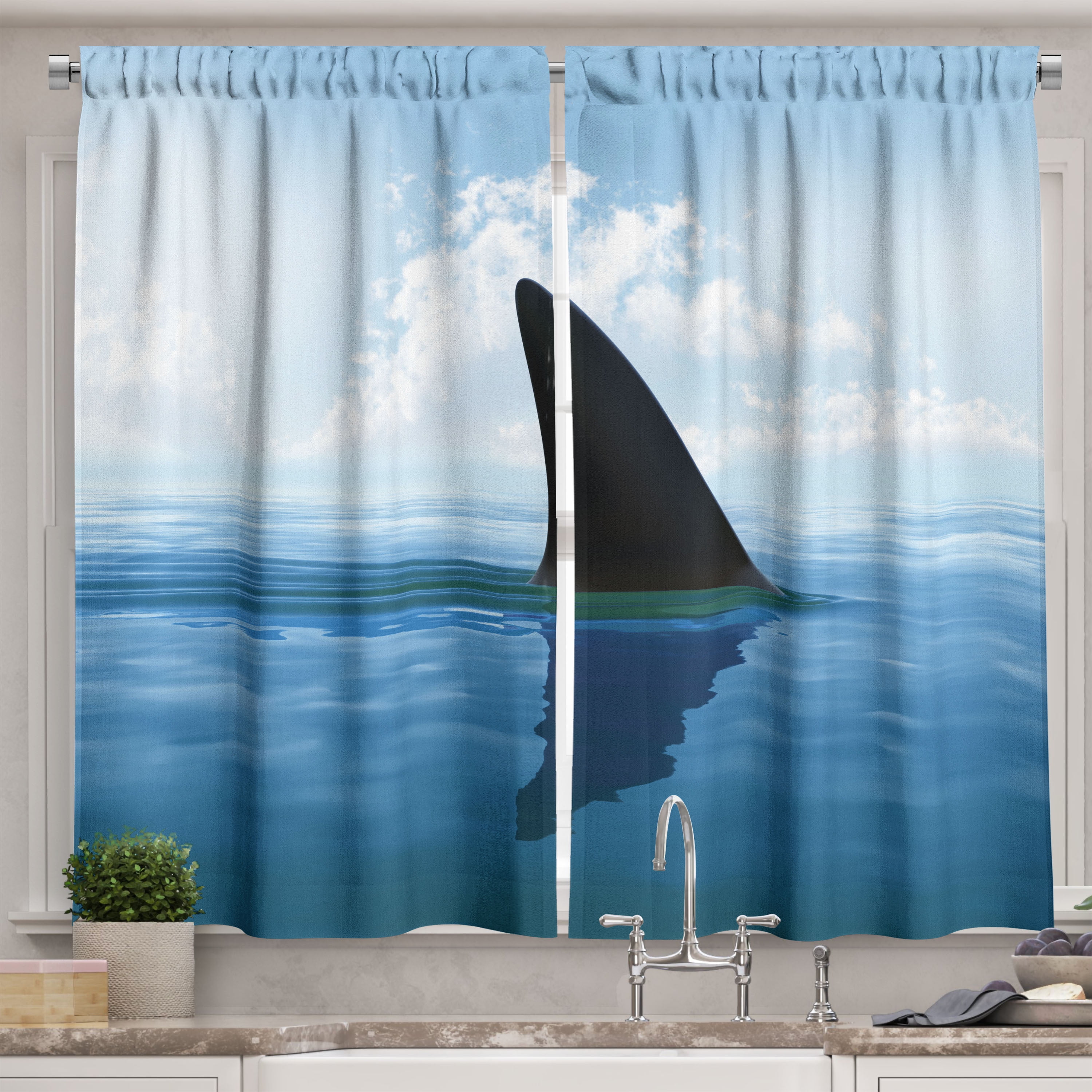 Ambesonne Shark Kitchen Curtains, Fin Sea Surface Danger, 55"x39", Pale ...