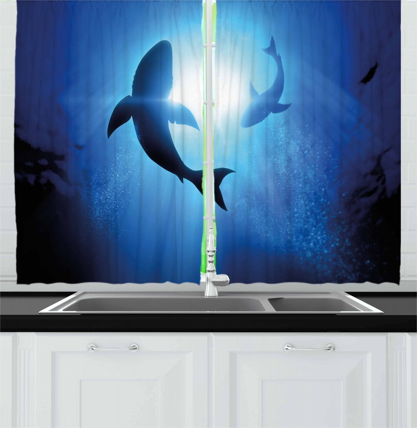 Ambesonne Shark Kitchen Curtains, Fishes Circling in Ocean, 55"x39 ...