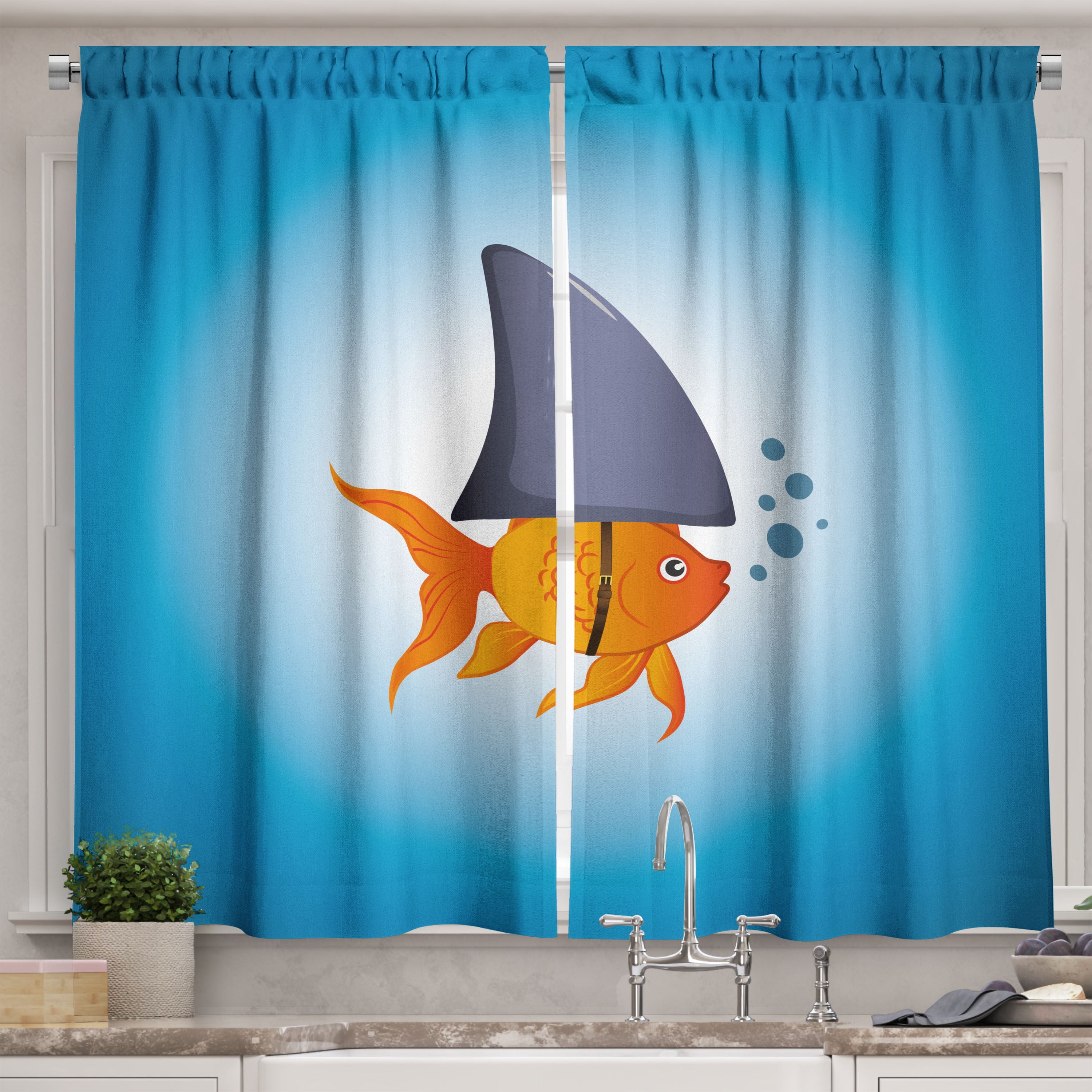 Ambesonne Shark Kitchen Curtains, Little Fish Wearing Fin, 55"x39 ...