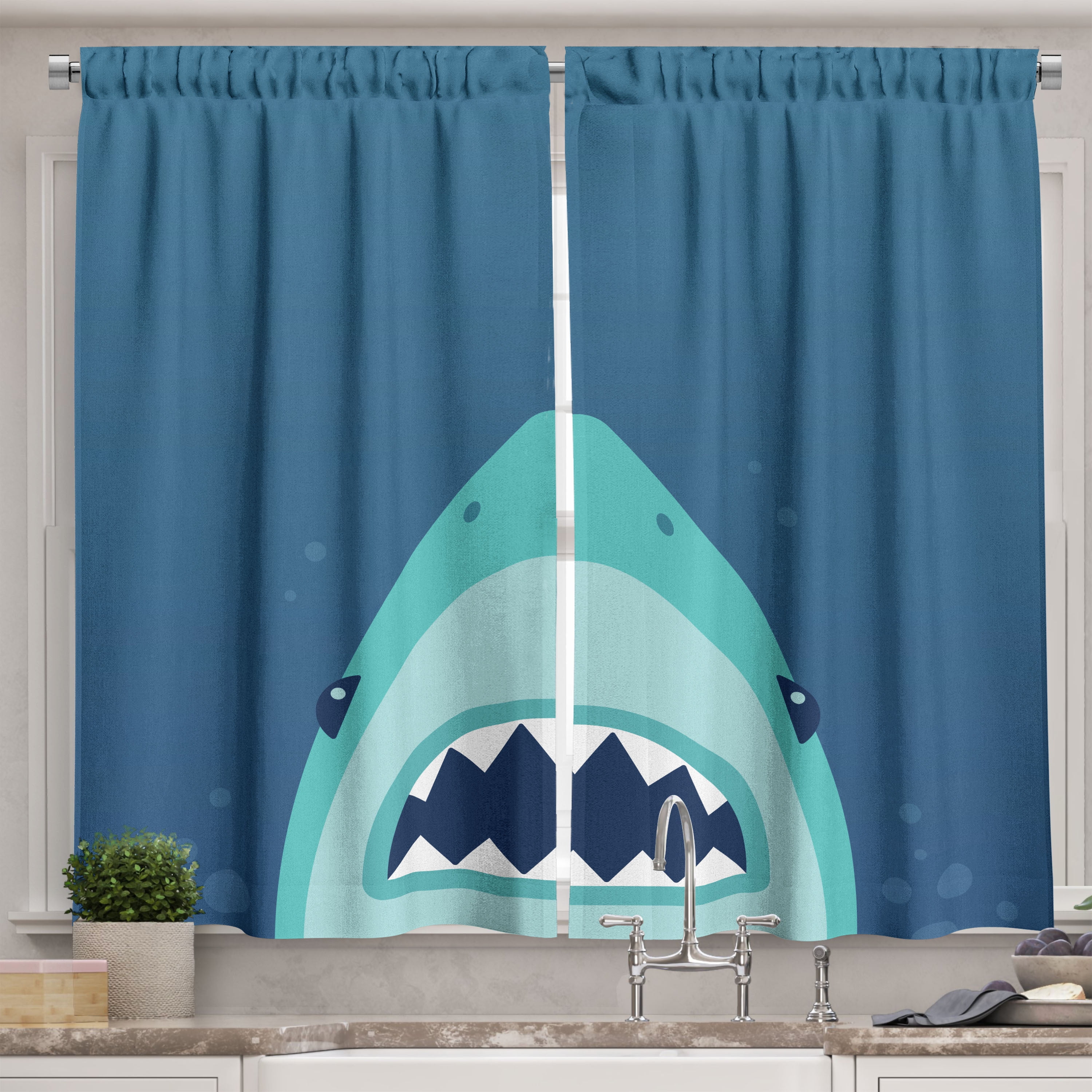 Ambesonne Shark Kitchen Curtains, Wild Fish with Jaws Artwork, 55"x24 ...