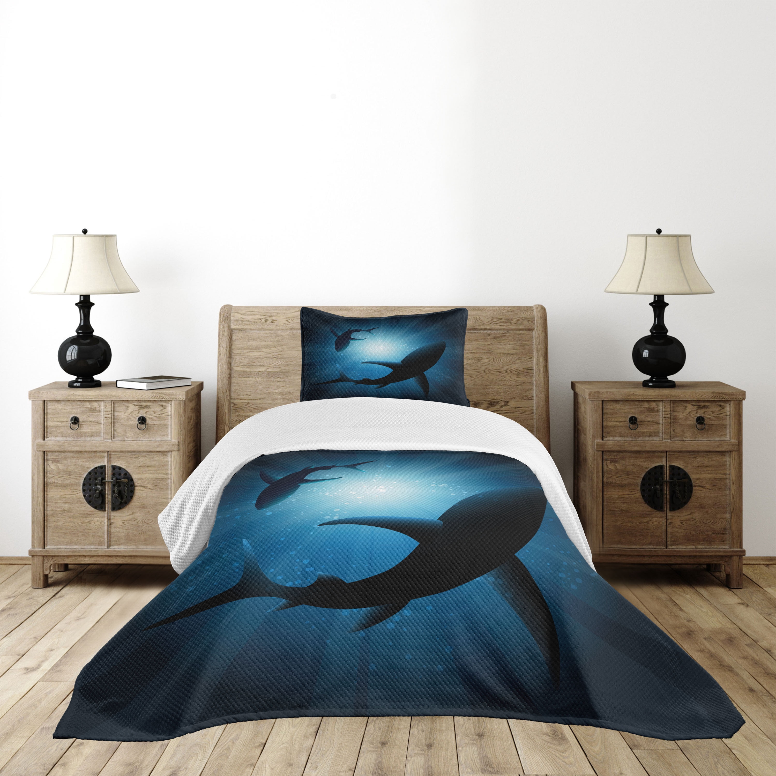 Ambesonne Shark Quilted Bedspread Set 2 Pcs, Fish Silhouettes Swimming ...